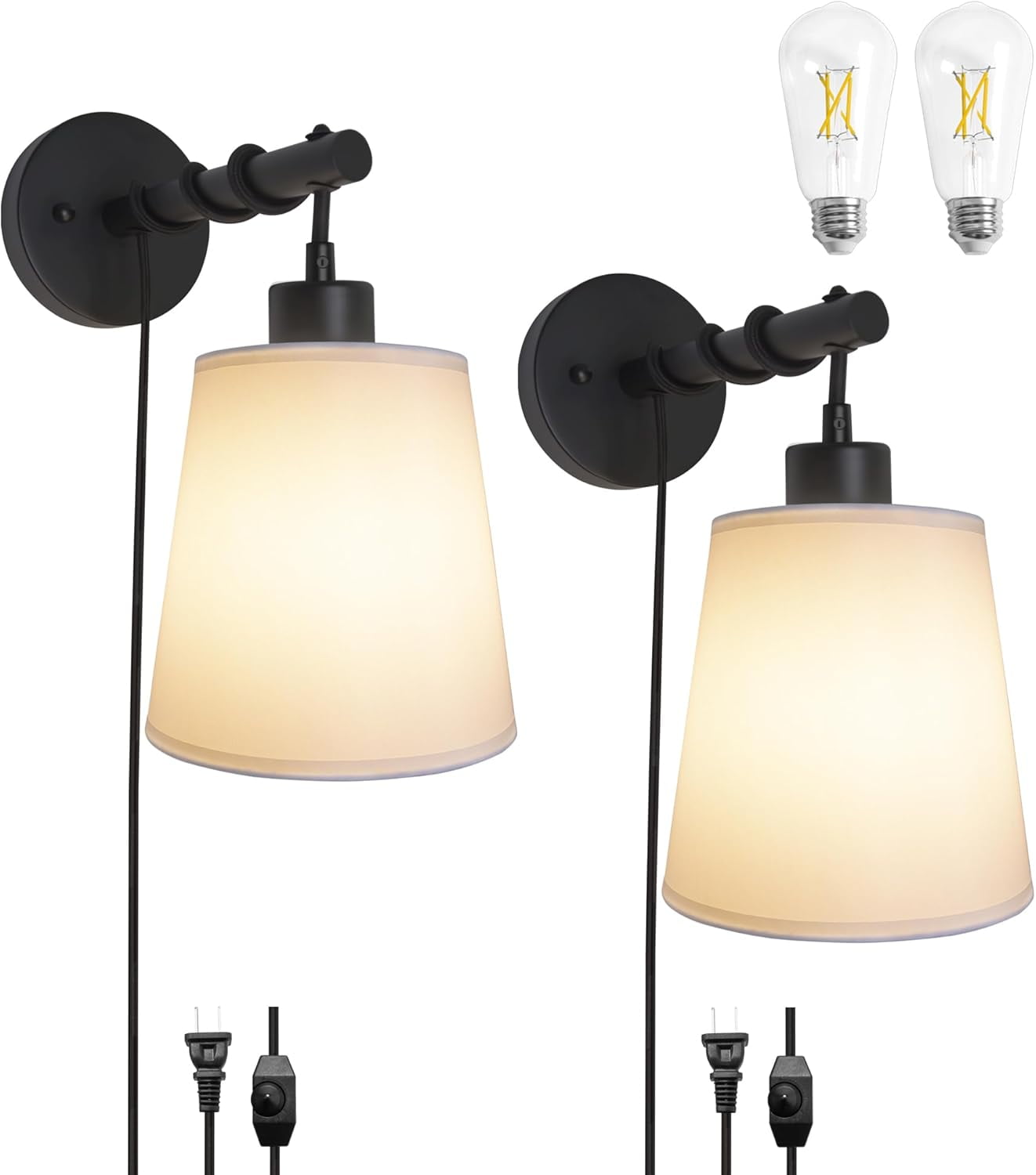 Plug in Wall Sconces Set of Two, Wall Lamps with Dimmable Bulbs, Plug in Wall Light with Dimmer ...