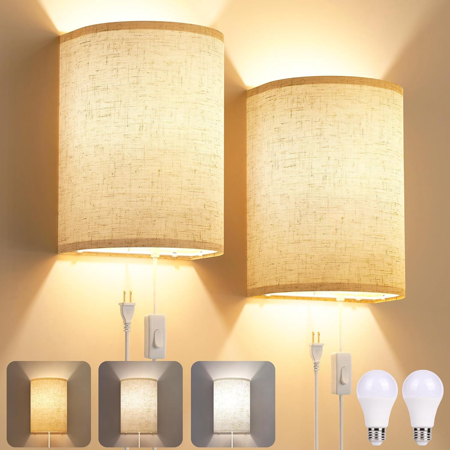 Plug in Wall Sconces Set of Two: Wall Lights with On/Off Switch ...