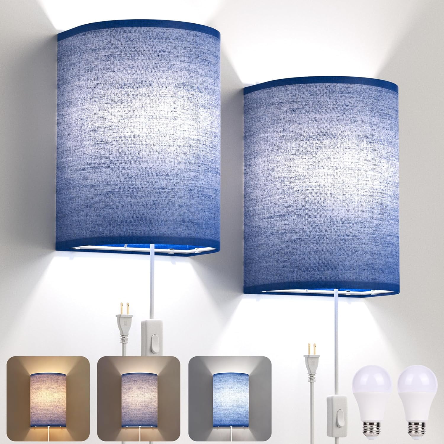 Plug in Wall Sconces Set of Two: Wall Lights with /Off - Stepless Color ...