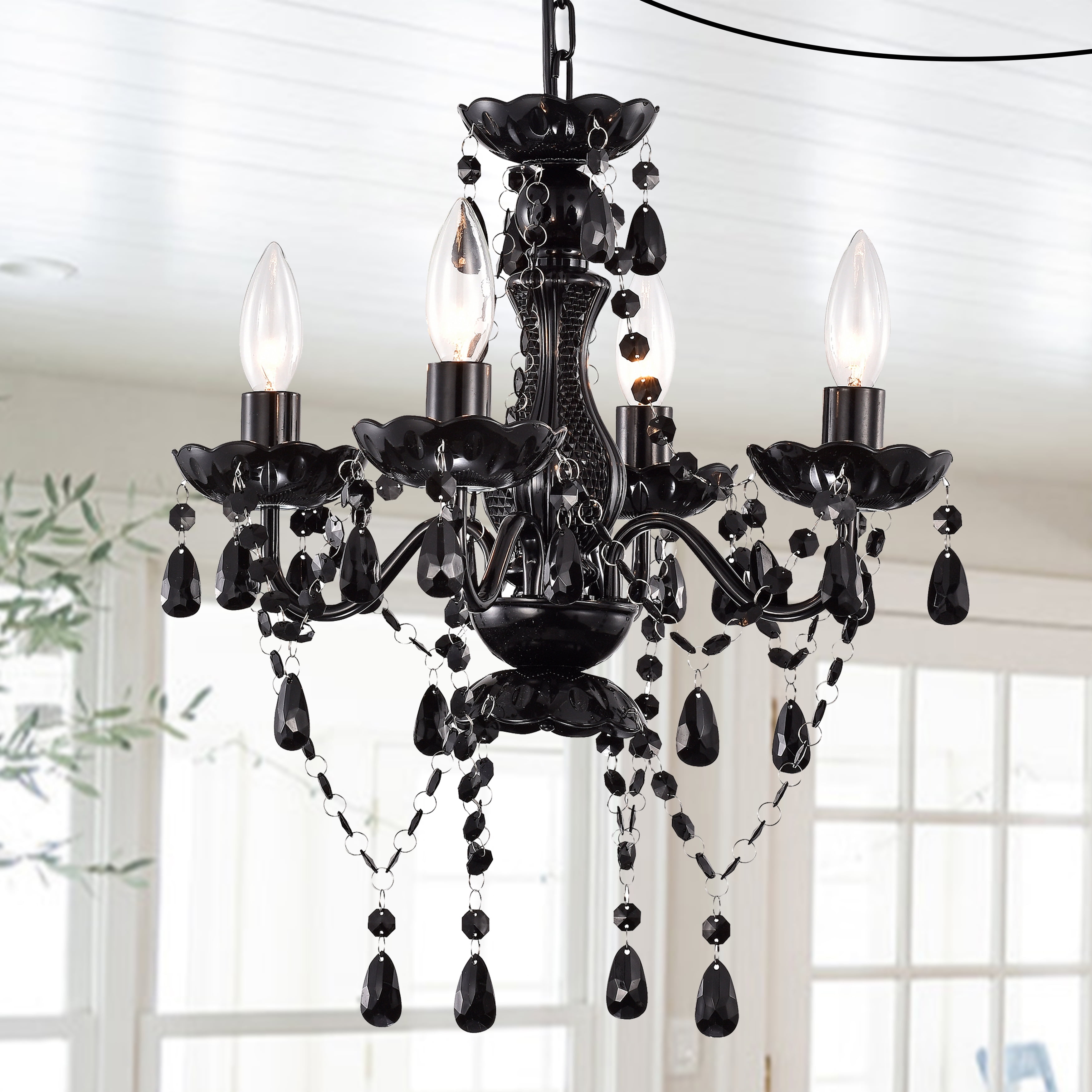 Plug in Chandelier Black 4-Light Modern Crystal Light Fixtures Ceiling ...