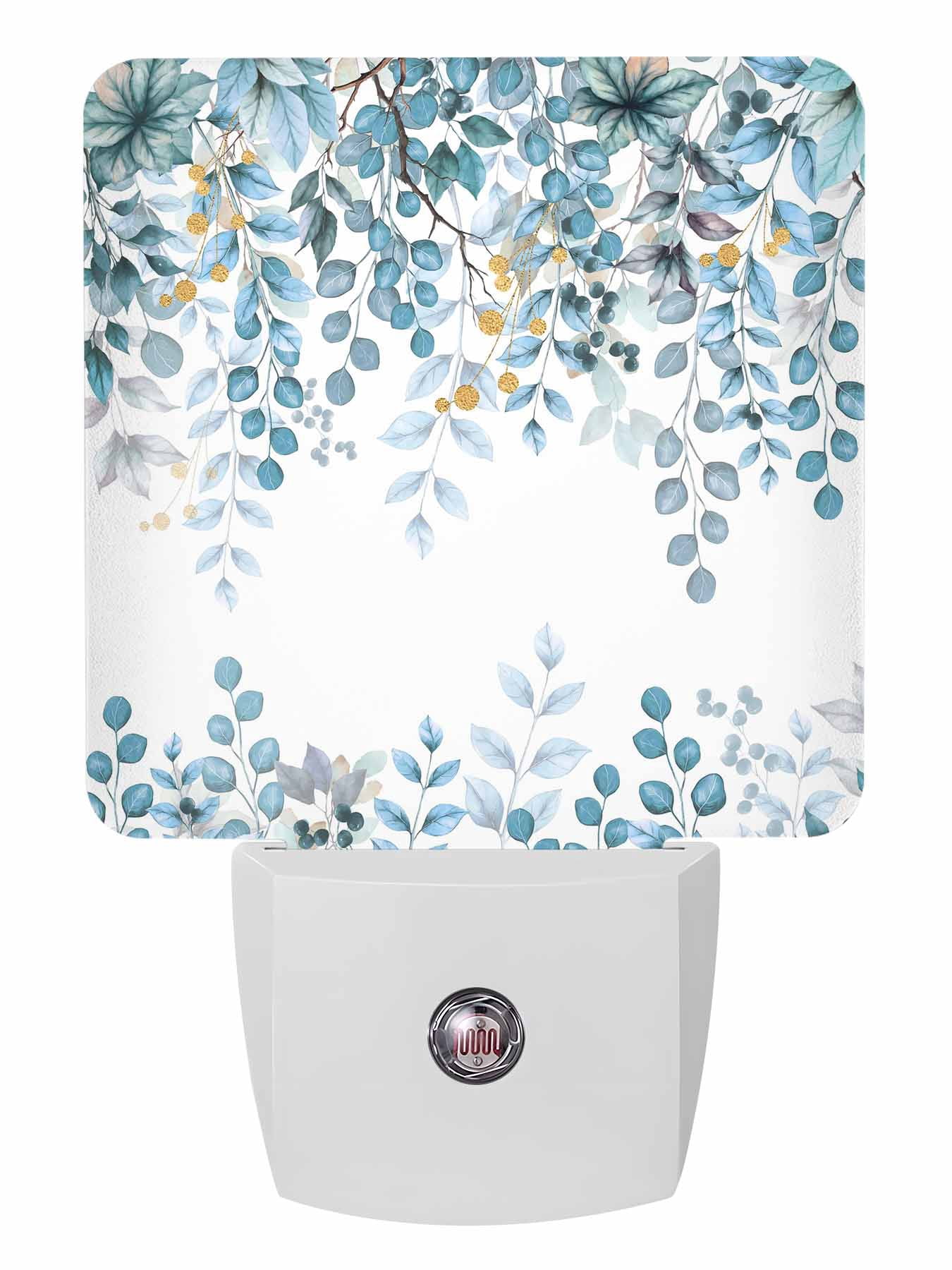 Plug-in Night Light,Blue Eucalyptus Leaves Watercolor Wall LED Lamp ...