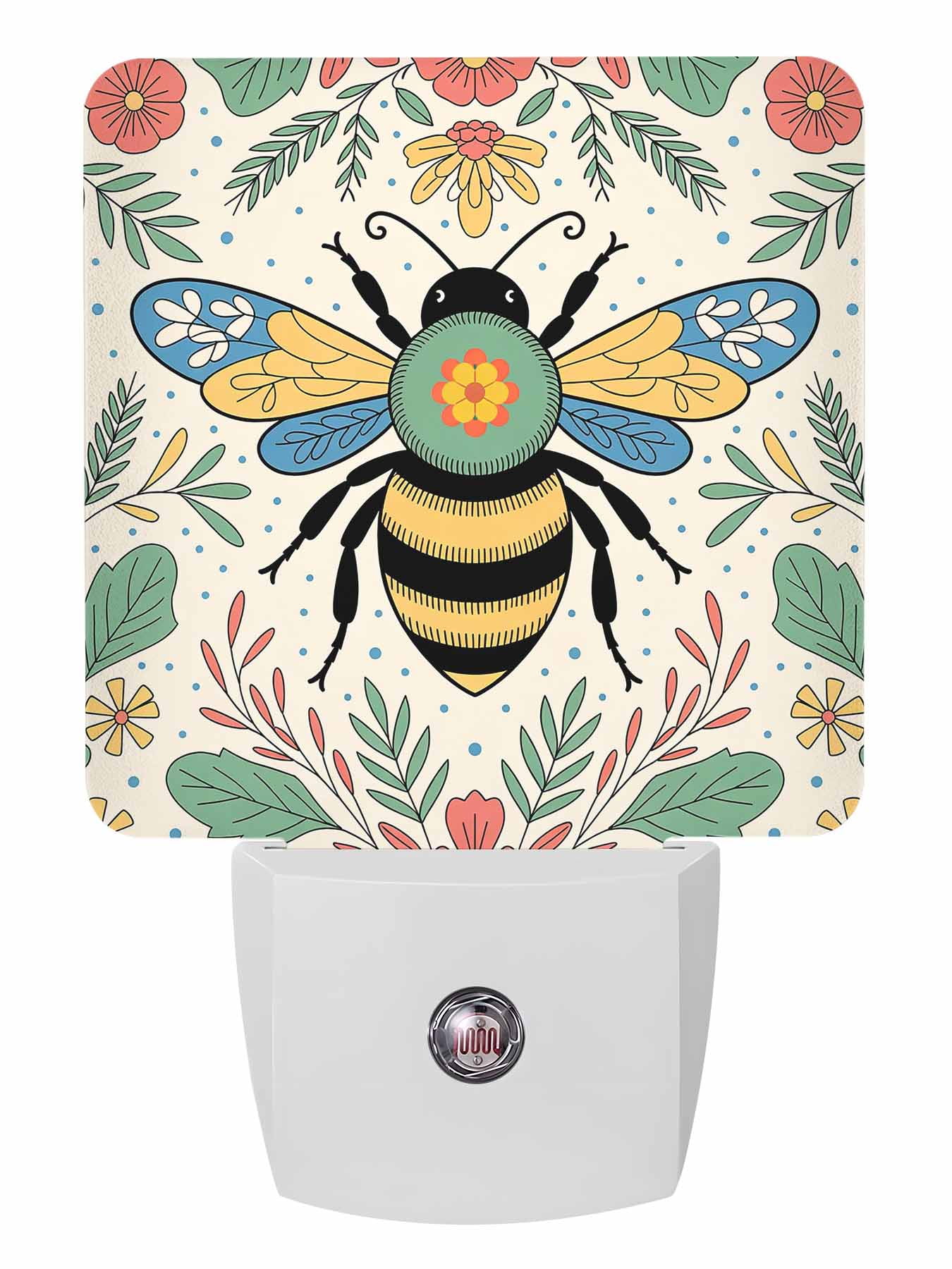 Plug-in Night Light,Bumble Bee Flower Leaves Wall LED Lamp with Sensor ...
