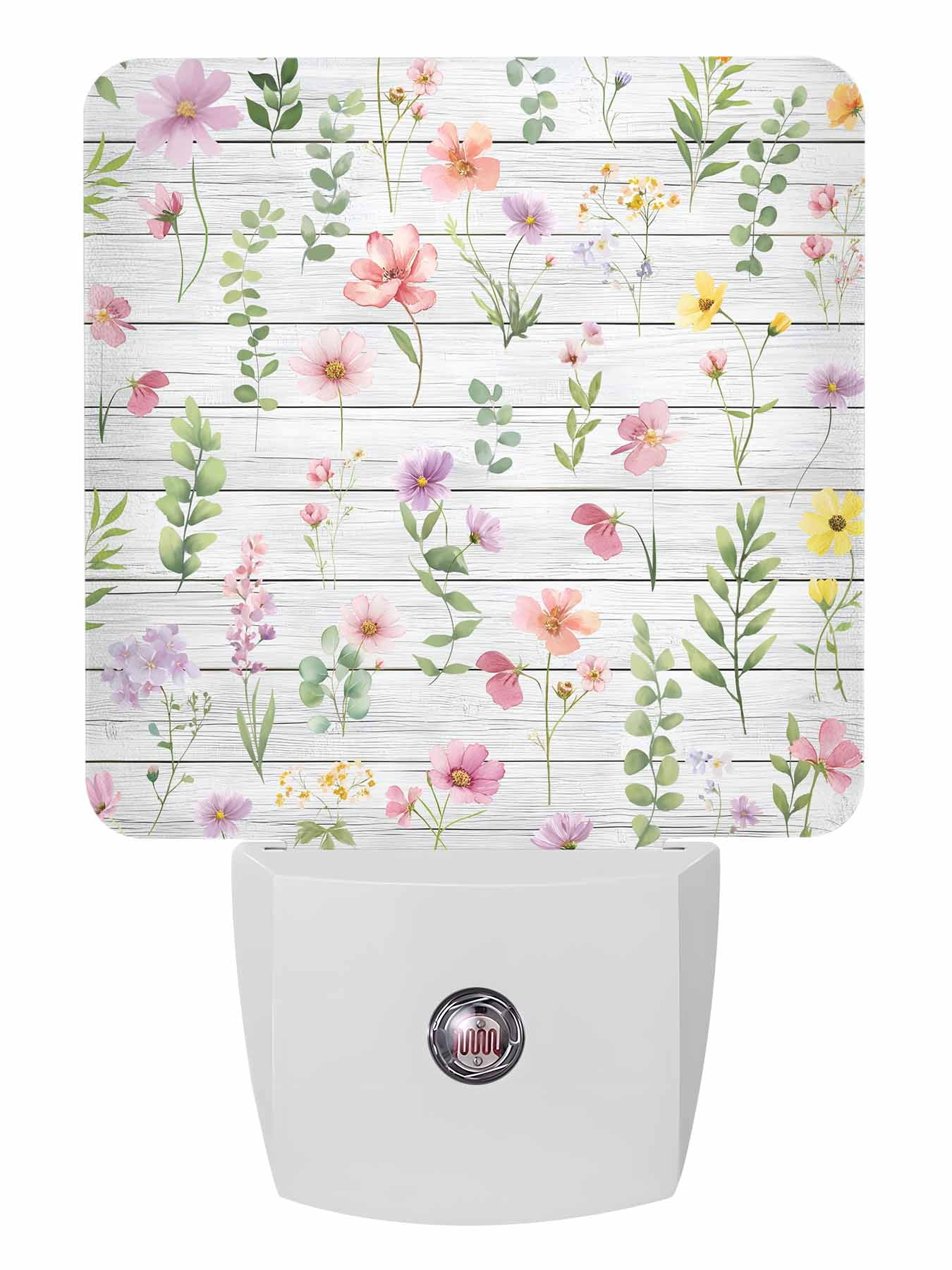 Plug-in Night Light,Colorful Wildflower Rustic Plank Wall LED Lamp with ...