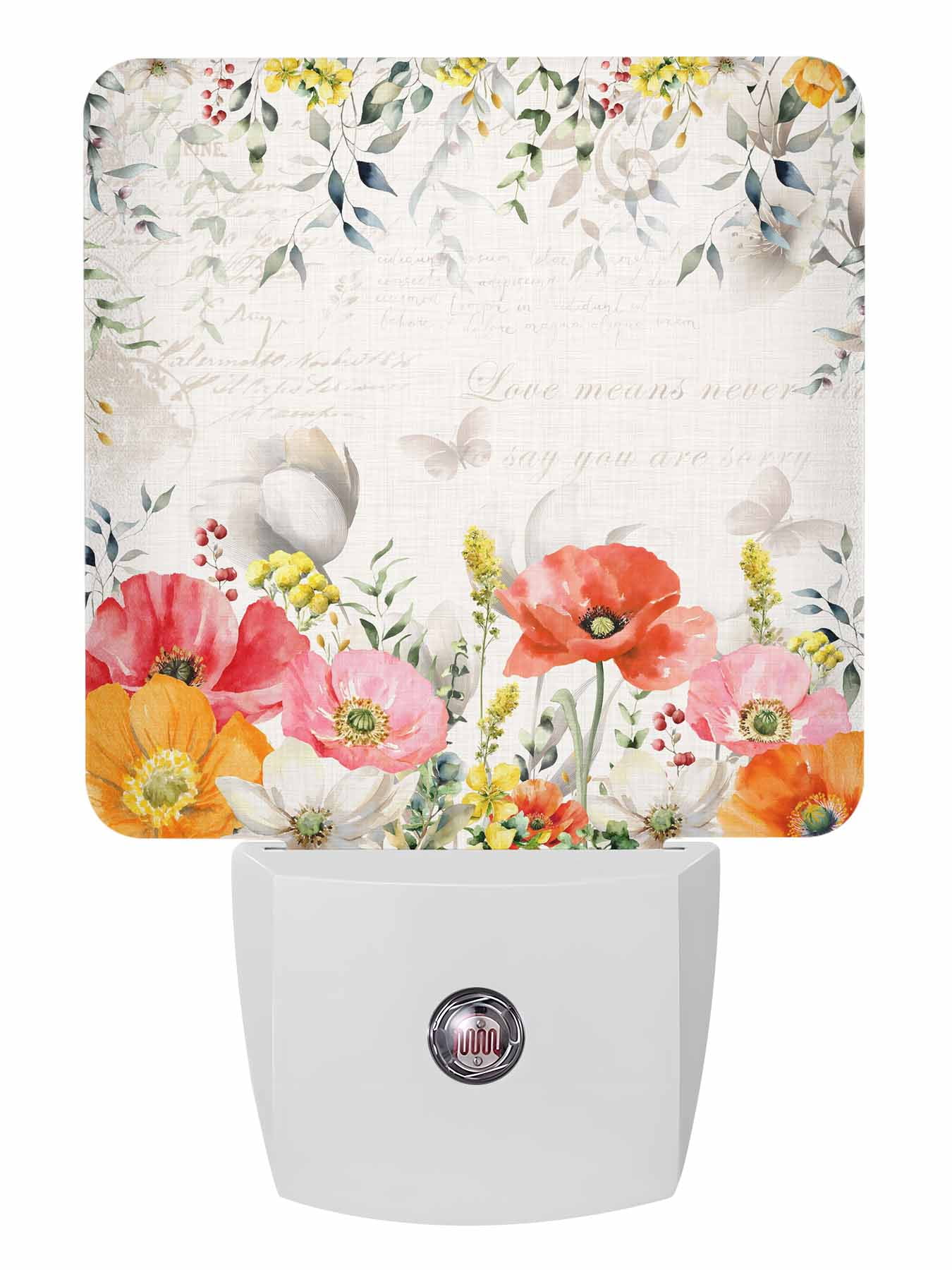 Plug-in Night Light,Country Floral Watercolor Poppy Wall LED Lamp with ...
