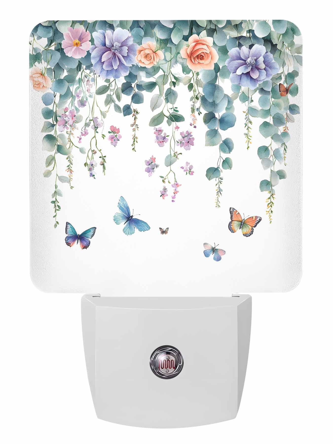 Plug-in Night Light,Country Flower Butterfly Eucalyptus Leaf Wall LED ...