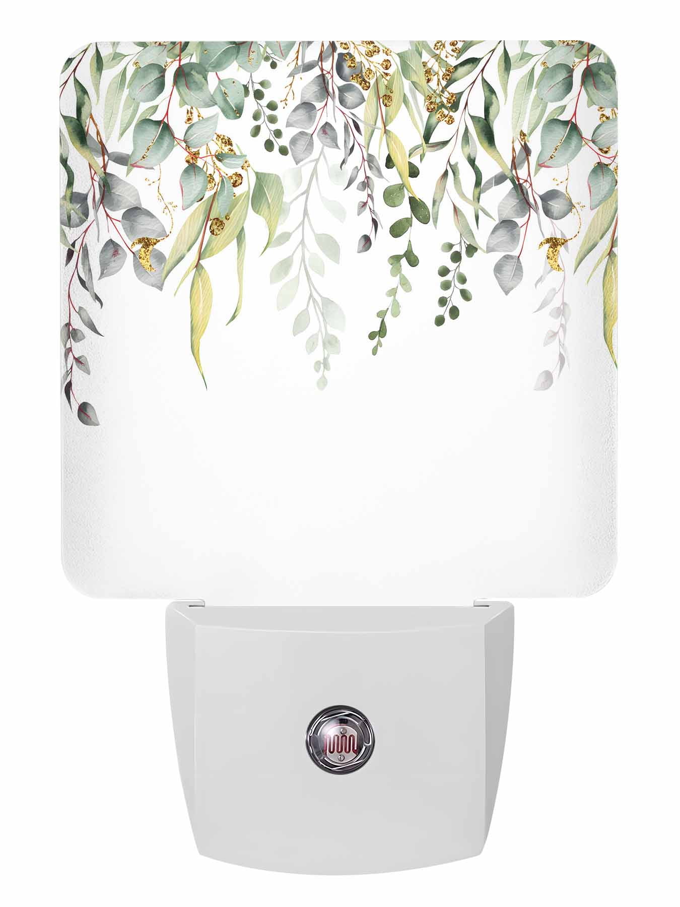 Plug-in Night Light,Eucalyptus Leaf Watercolor Green Wall LED Lamp with ...