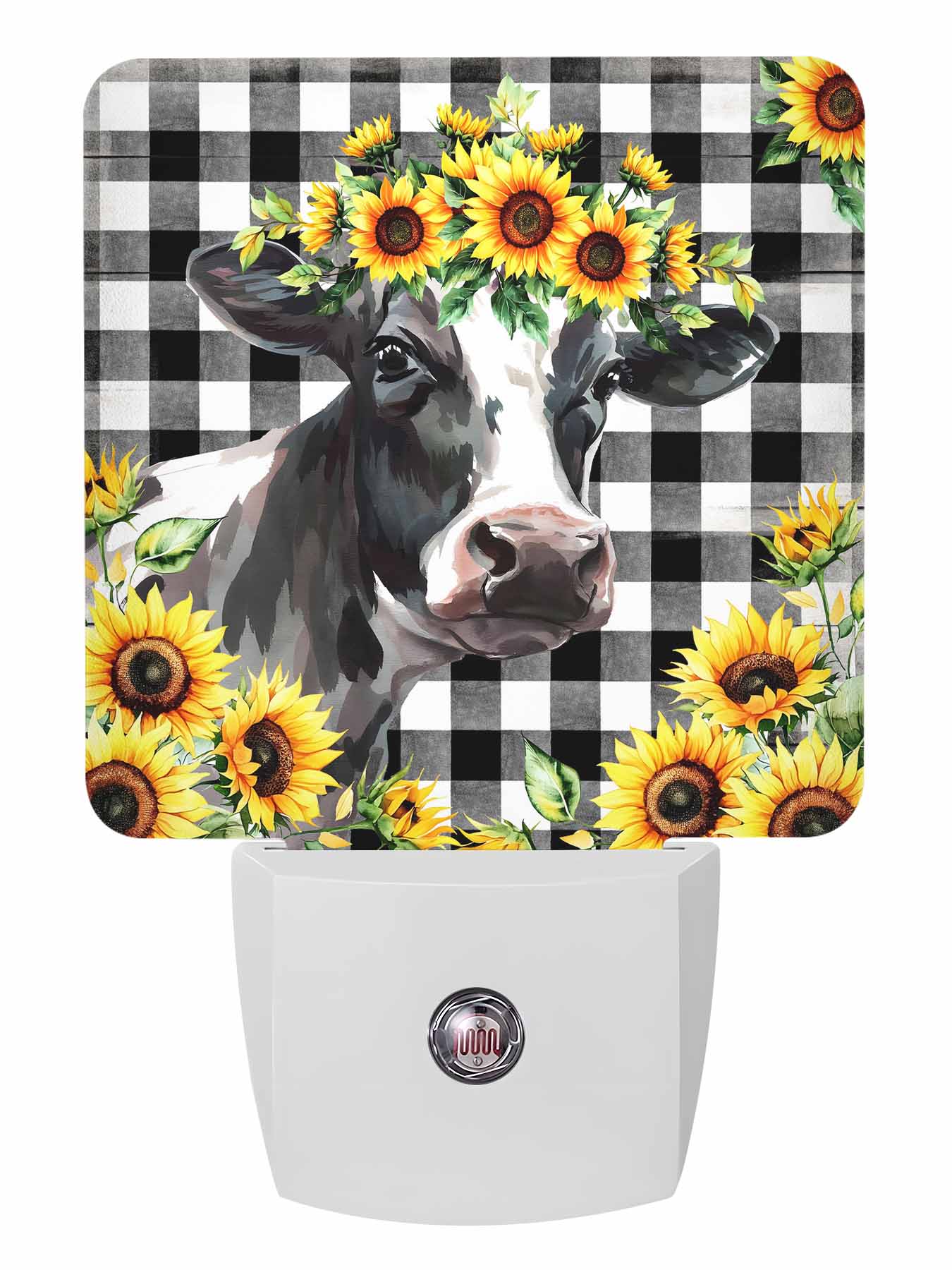 Plug-in Night Light,Farm Cow Watercolor Yellow Sunflower Wall LED Lamp ...