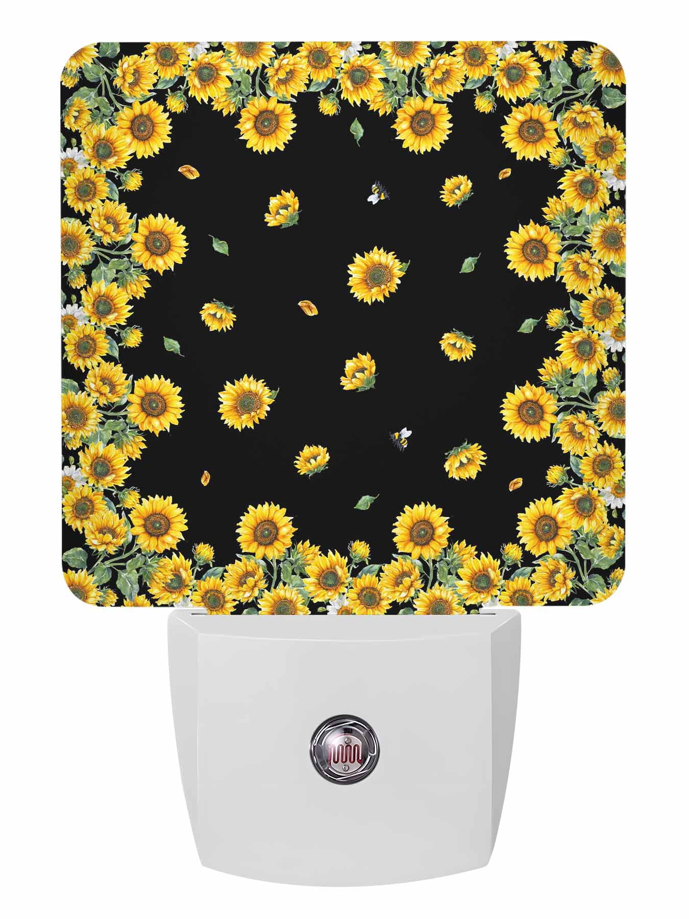 Plug-in Night Light,Farmhouse Watercolor Sunflowers on Black Wall LED ...