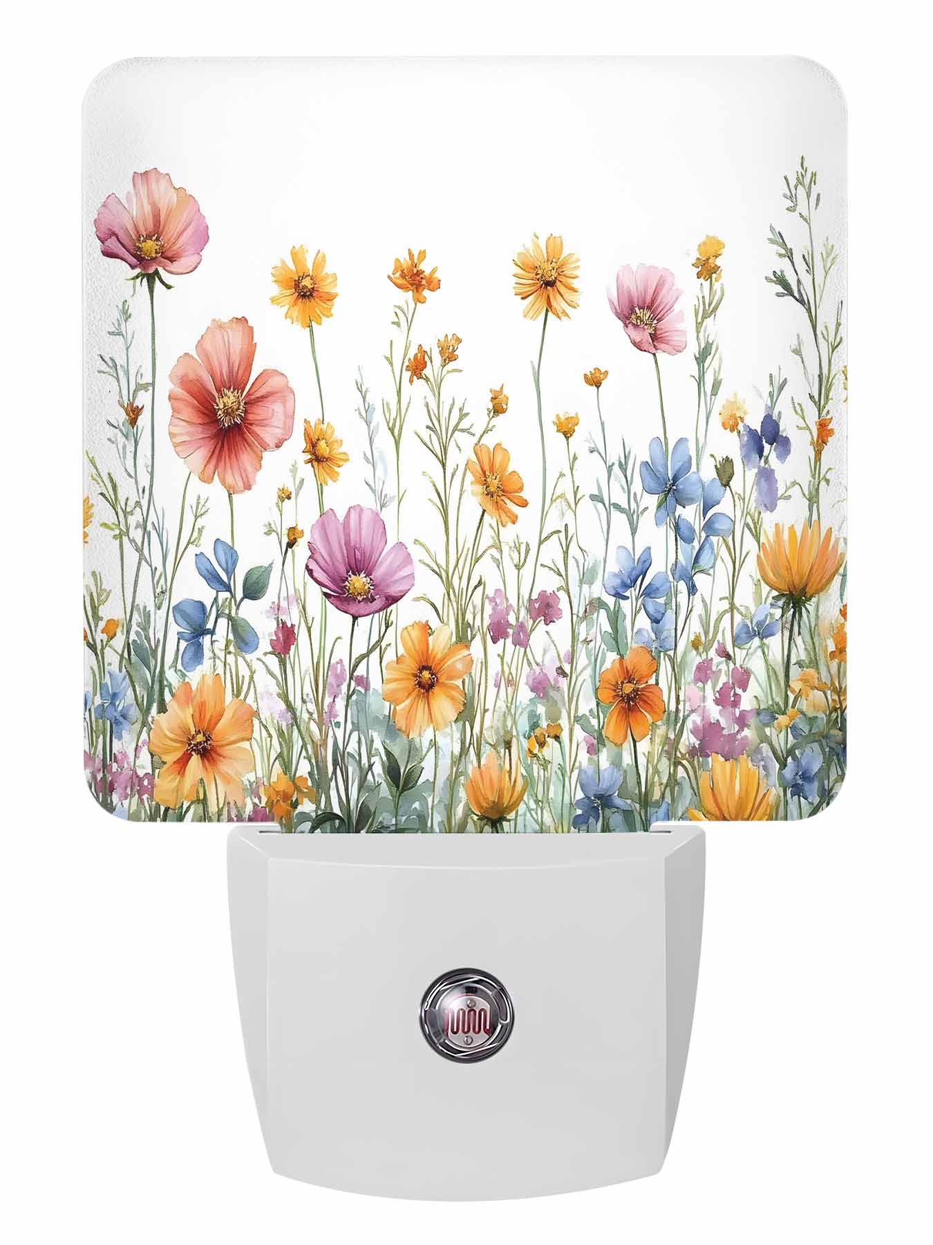 Plug-in Night Light,Pastoral Watercolor Floral Wall LED Lamp with ...