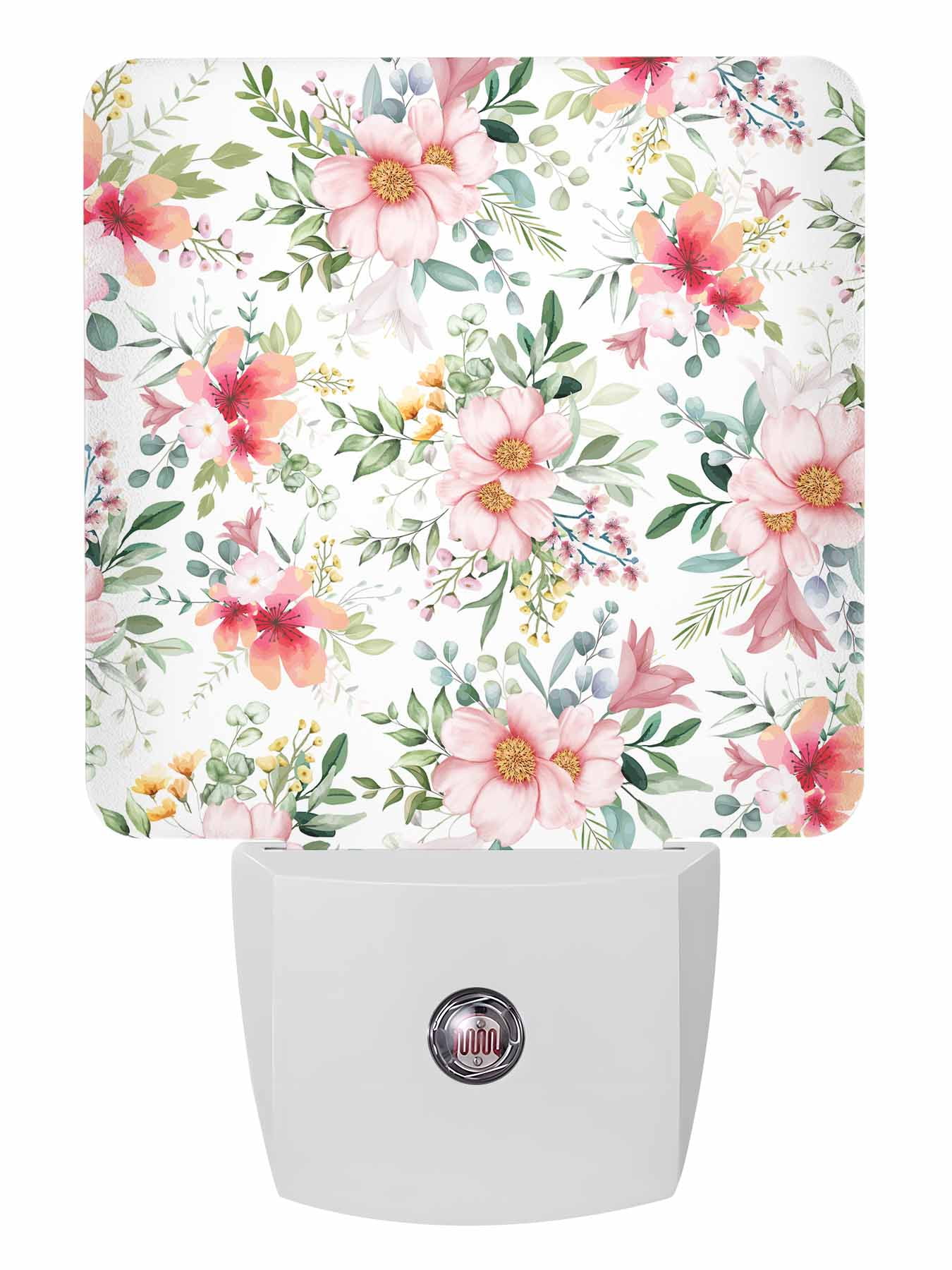 Plug-in Night Light,Pink Flower Green Leaves on White Wall LED Lamp ...