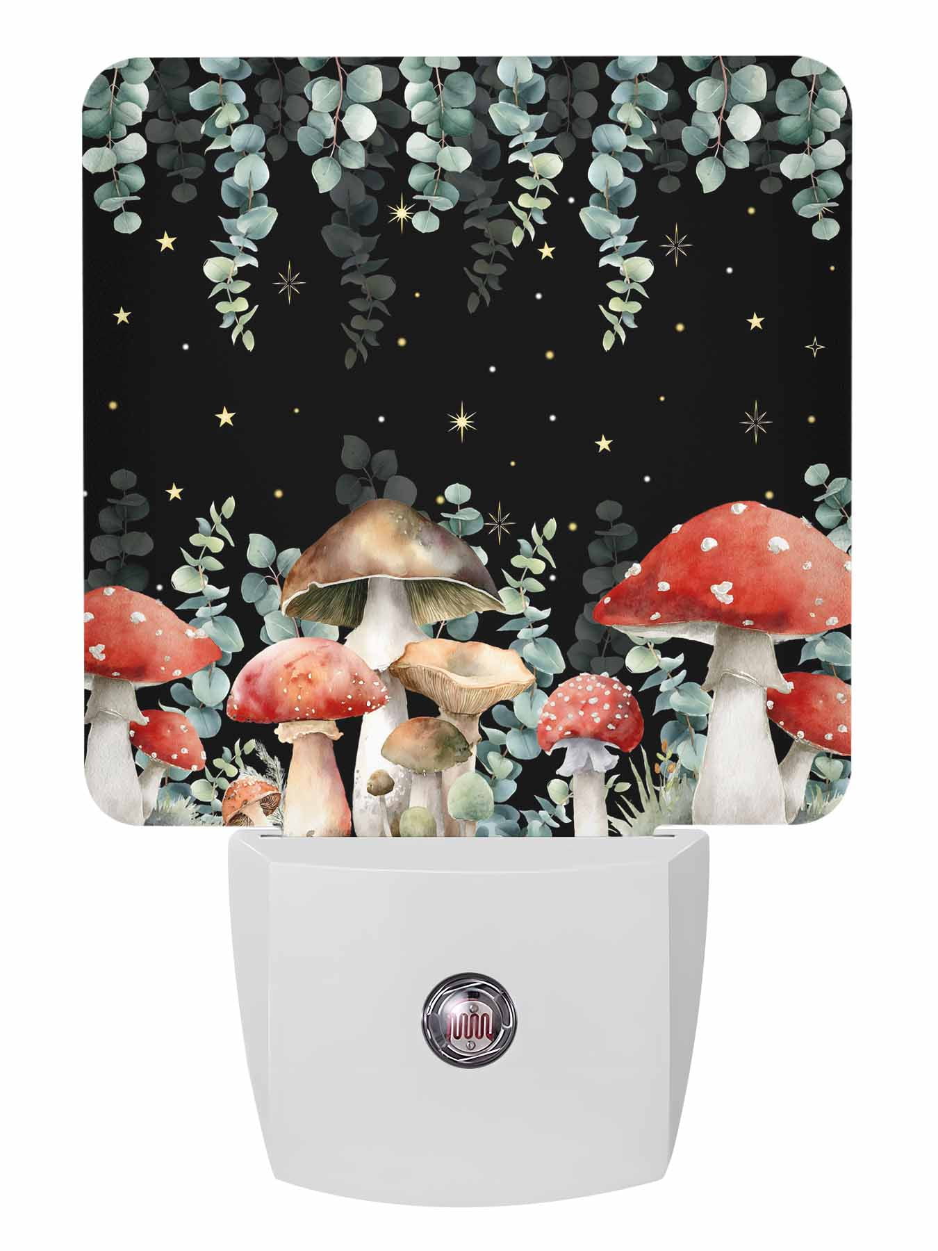 Plug-in Night Light,Rustic Watercolor Mushroom Leaves Wall LED Lamp ...