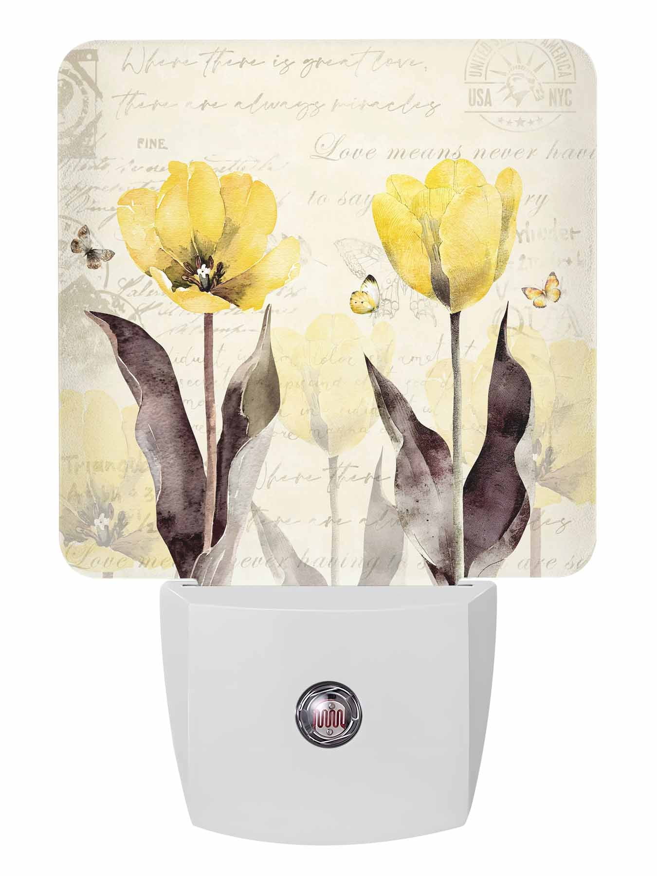 Plug-in Night Light,Rustic Watercolor Yellow Flower Wall LED Lamp with ...
