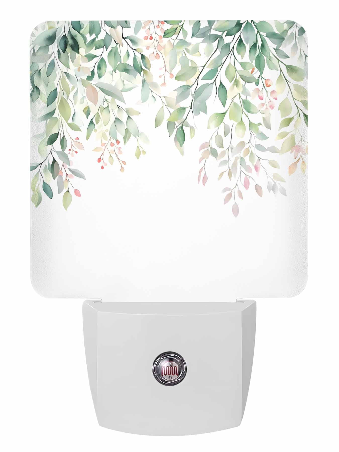Plug-in Night Light,Sage Green Leaf Spring Plant Wall LED Lamp with ...
