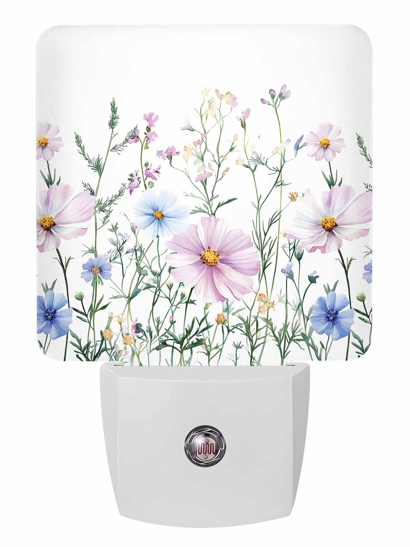 Plug-in Night Light,Spring Flower Watercolor Herbs Plant Wall LED Lamp ...