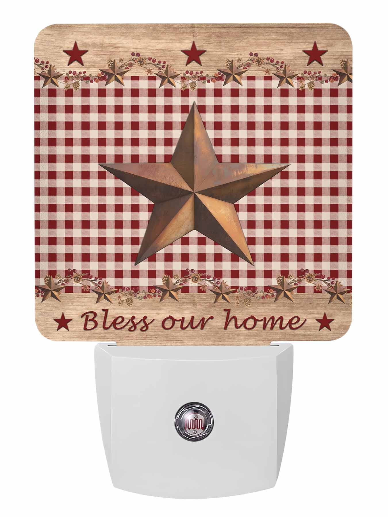 Plug-in Night Light,Vintage Western Star Red Plaid Wall LED Lamp with ...