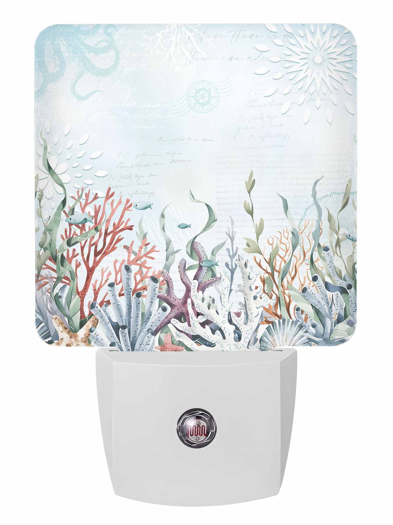 Plug-in Night Light,Watercolor Coral Fish Shell on Blue Letter Wall LED ...