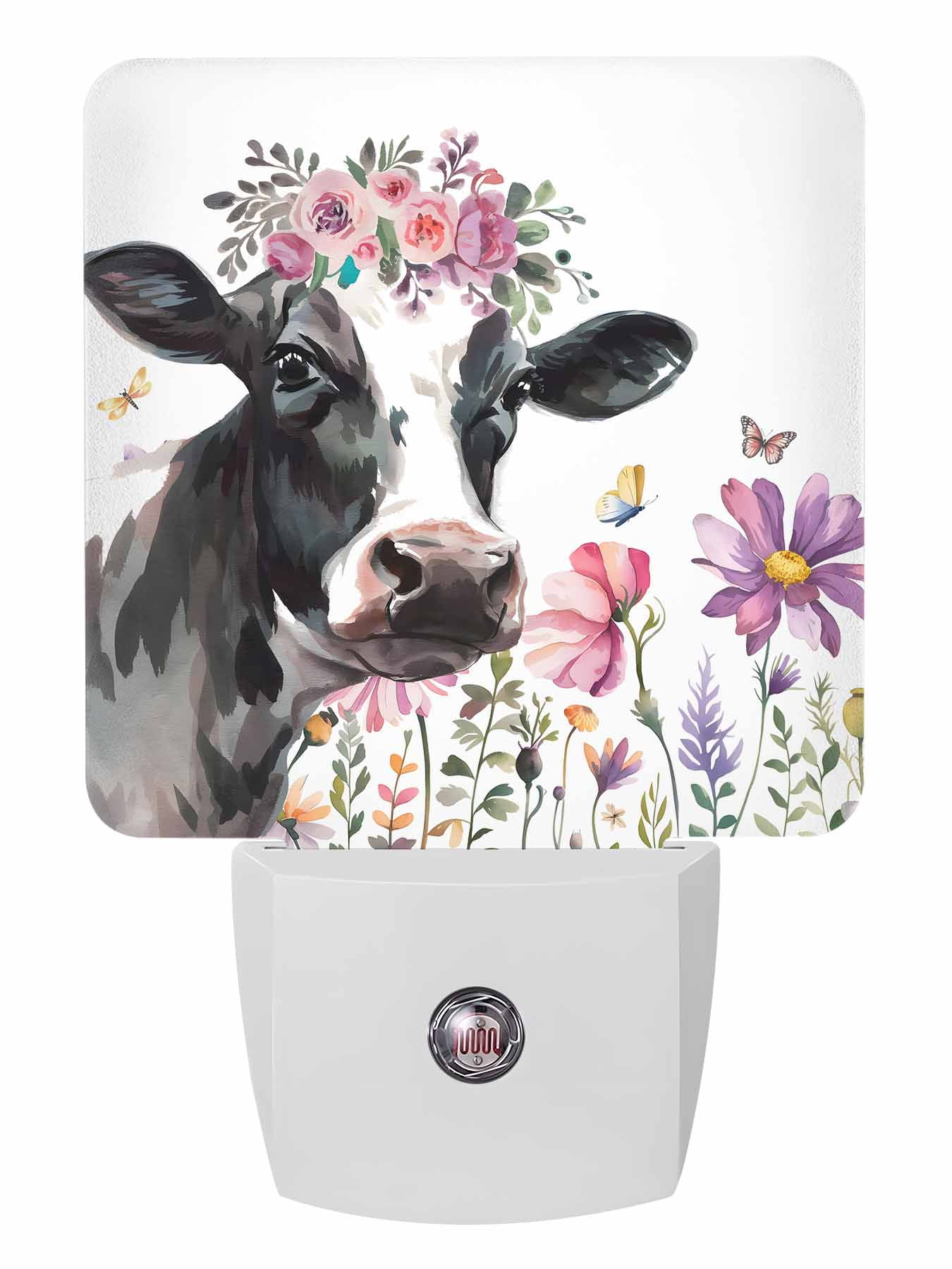 Plug-in Night Light,Watercolor Farm Cattle Spring Flower Wall LED Lamp ...