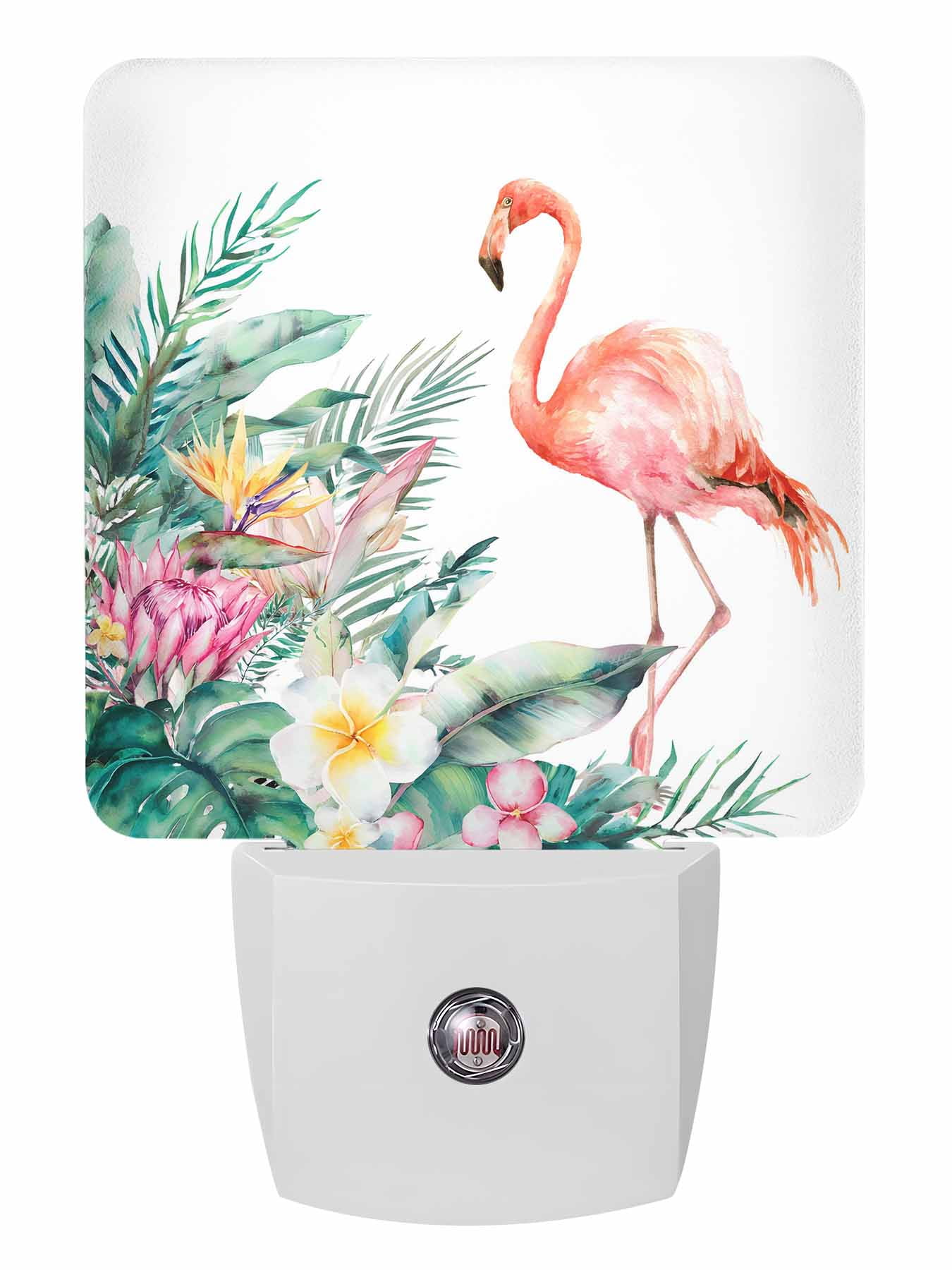 Plug-in Night Light,Watercolor Flamingo Flower Leaves Wall LED Lamp ...