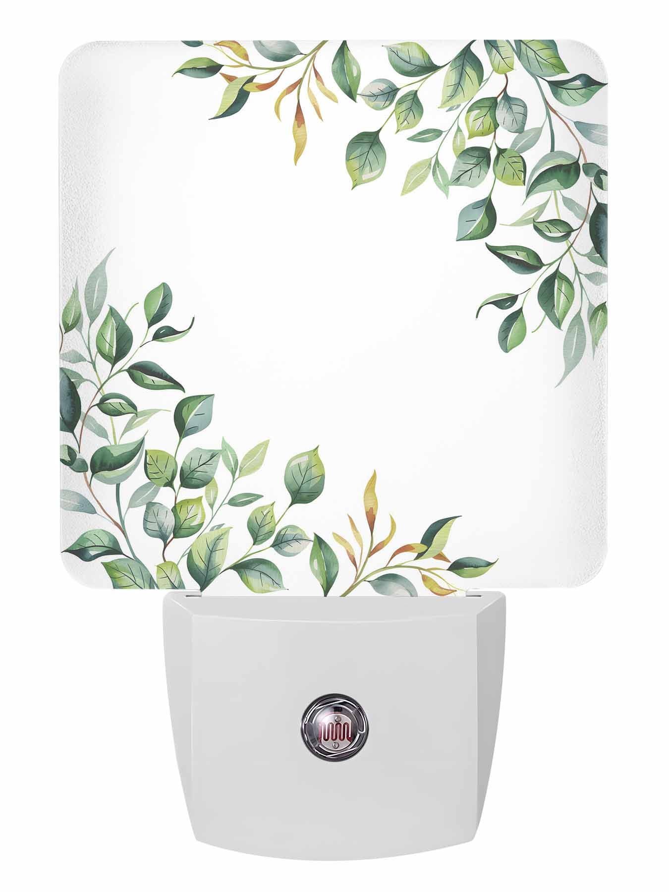 Plug-in Night Light,Watercolor Green Leaves on White Wall LED Lamp with ...