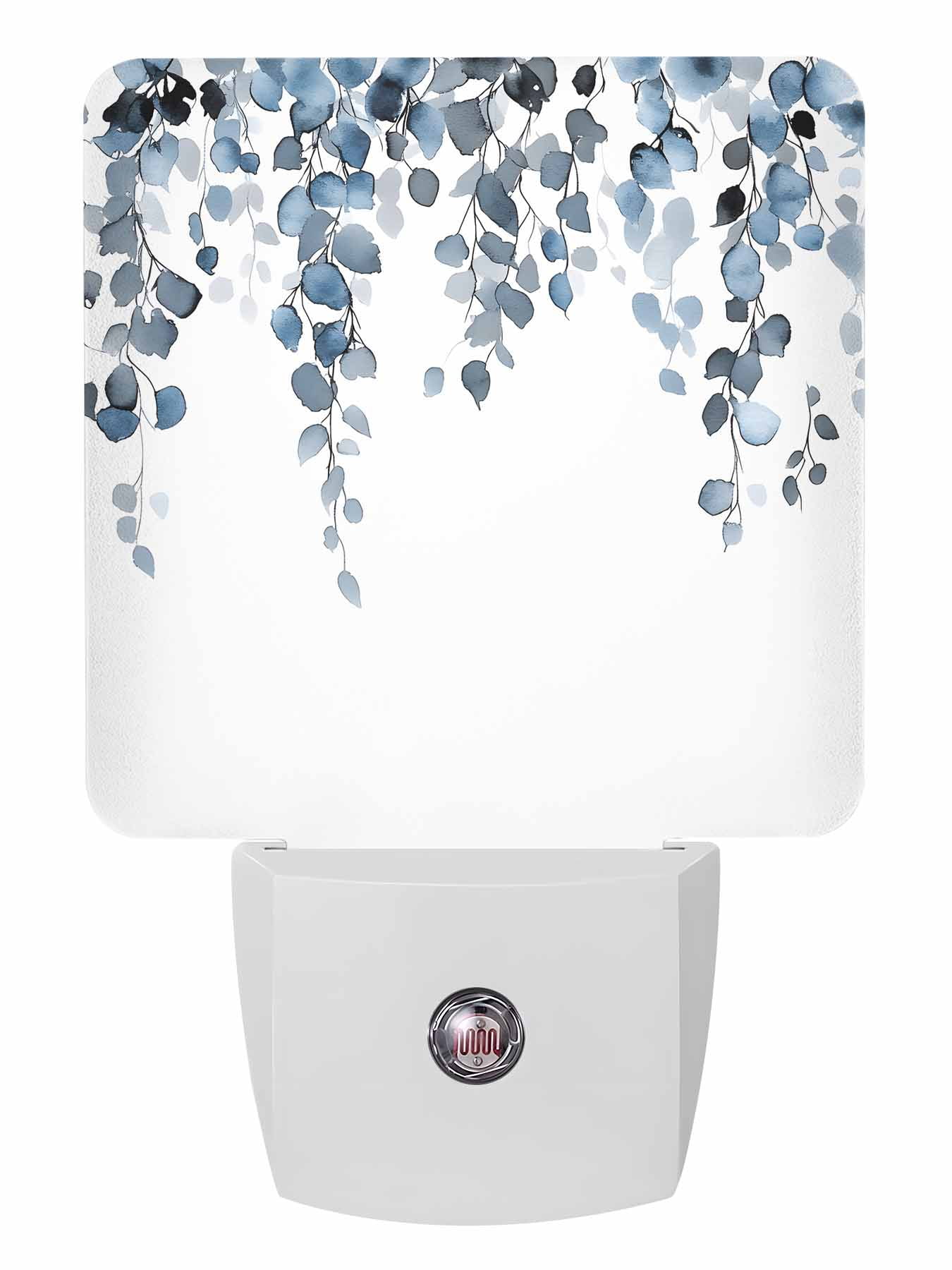 Plug-in Night Light,Watercolor Light Blue Botanical Leaf Wall LED Lamp ...