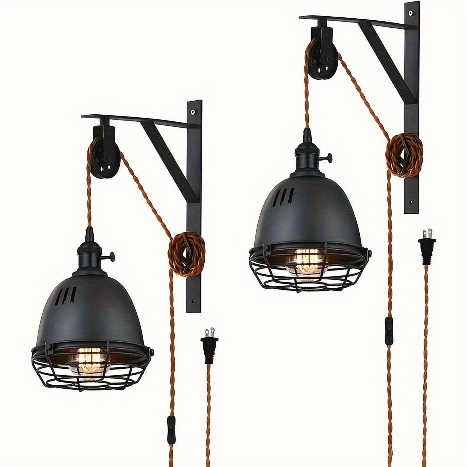 Plug-in Pendant Light Set, Farmhouse Pulley Wall Light with Brown Cord ...