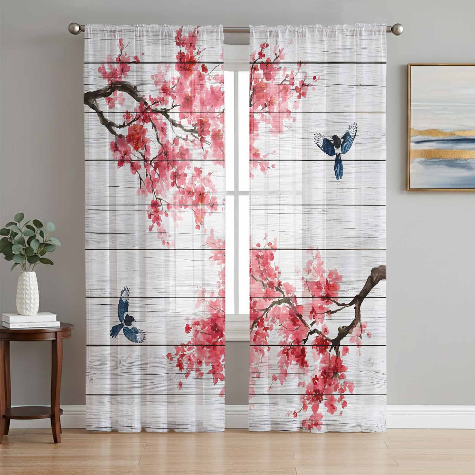Plum Blossom Sheer Curtains for Living Room Bedroom Red Spring Floral ...