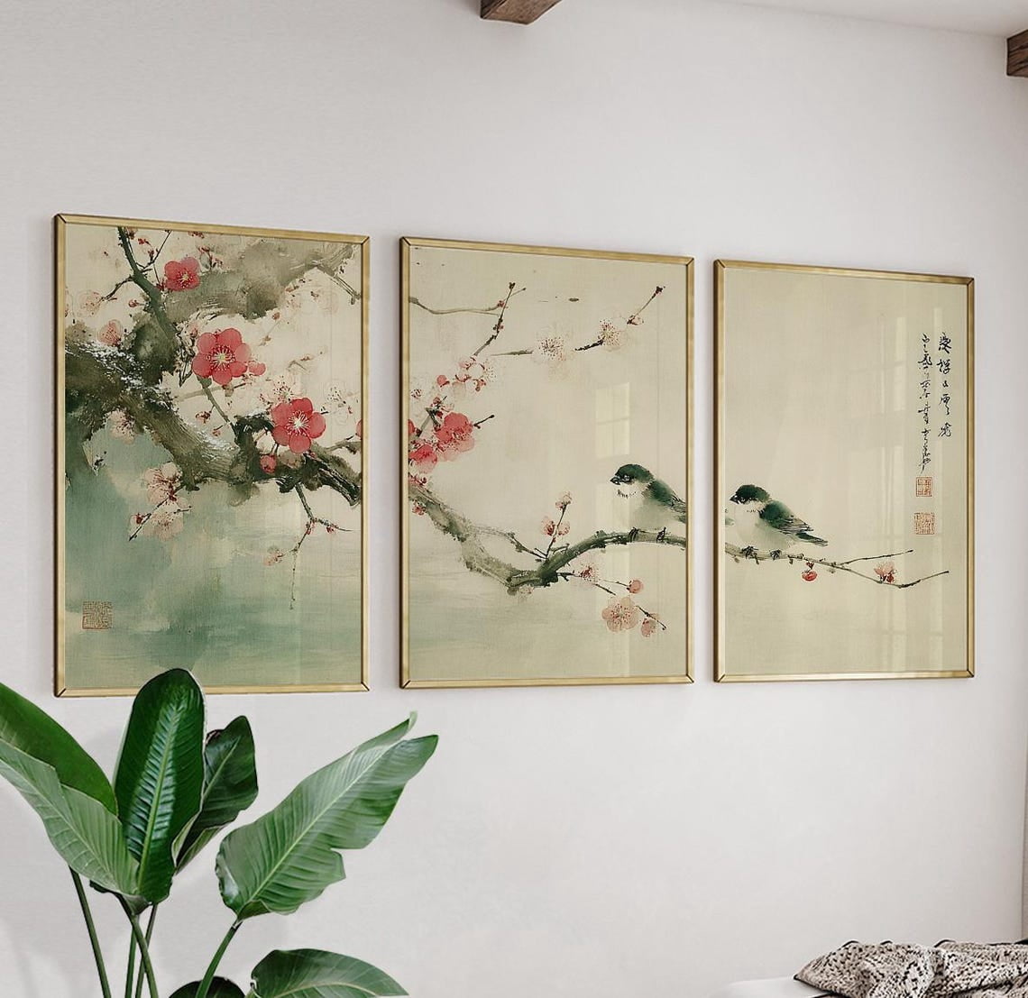 Plum Blossom Sparrows Japanese Ink Wash Triptych Version 3 Set 3 ...