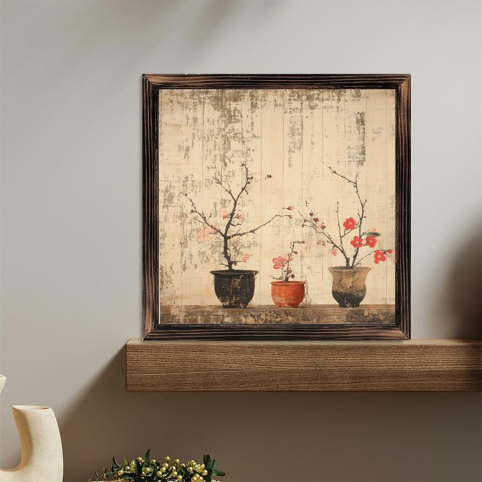 Plum Blossoms Potted Plants Still Wooden Sign Wall Plaque - Vintage Art ...