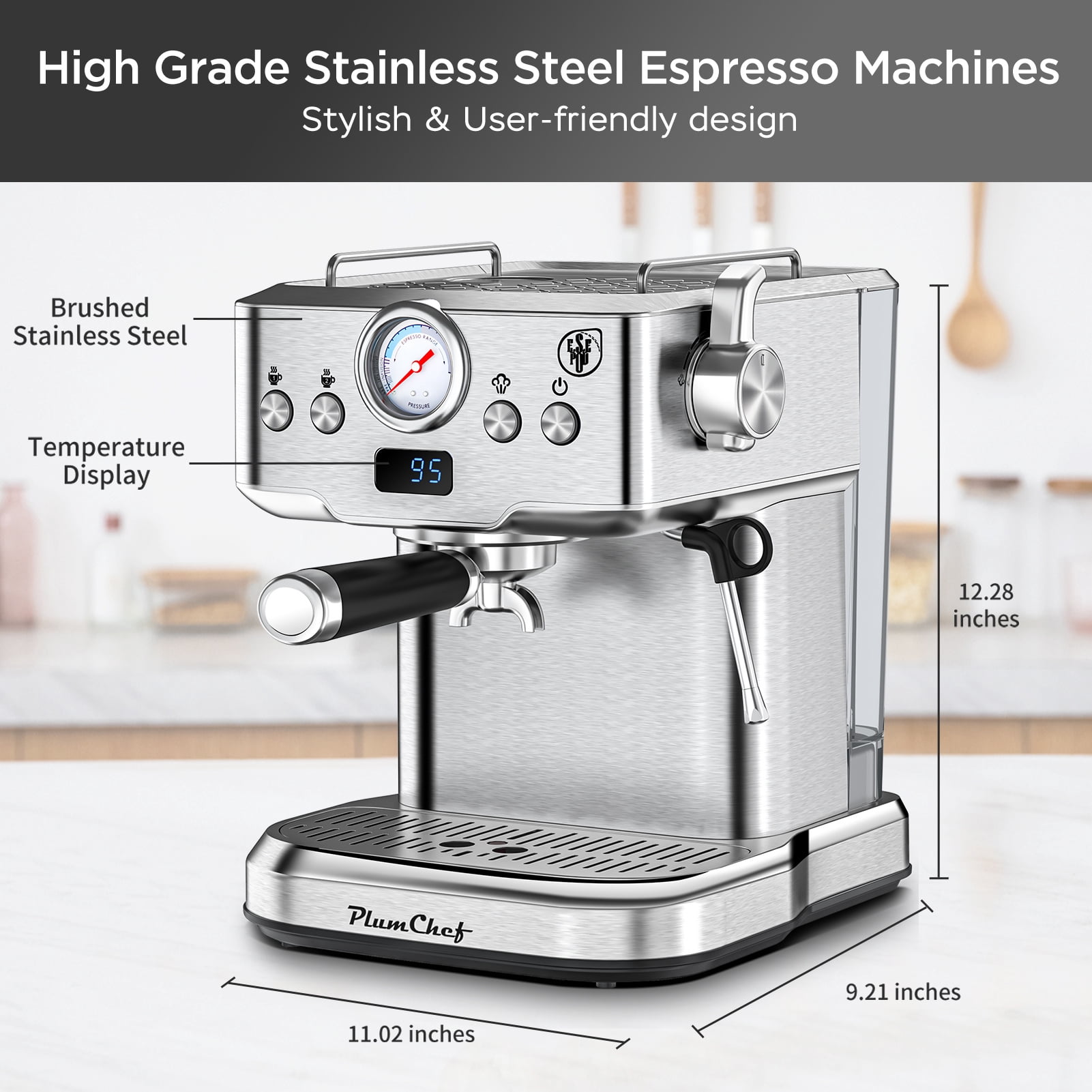 Plum Chef High-Pressure Espresso Machine, Stainless Steel, High ...