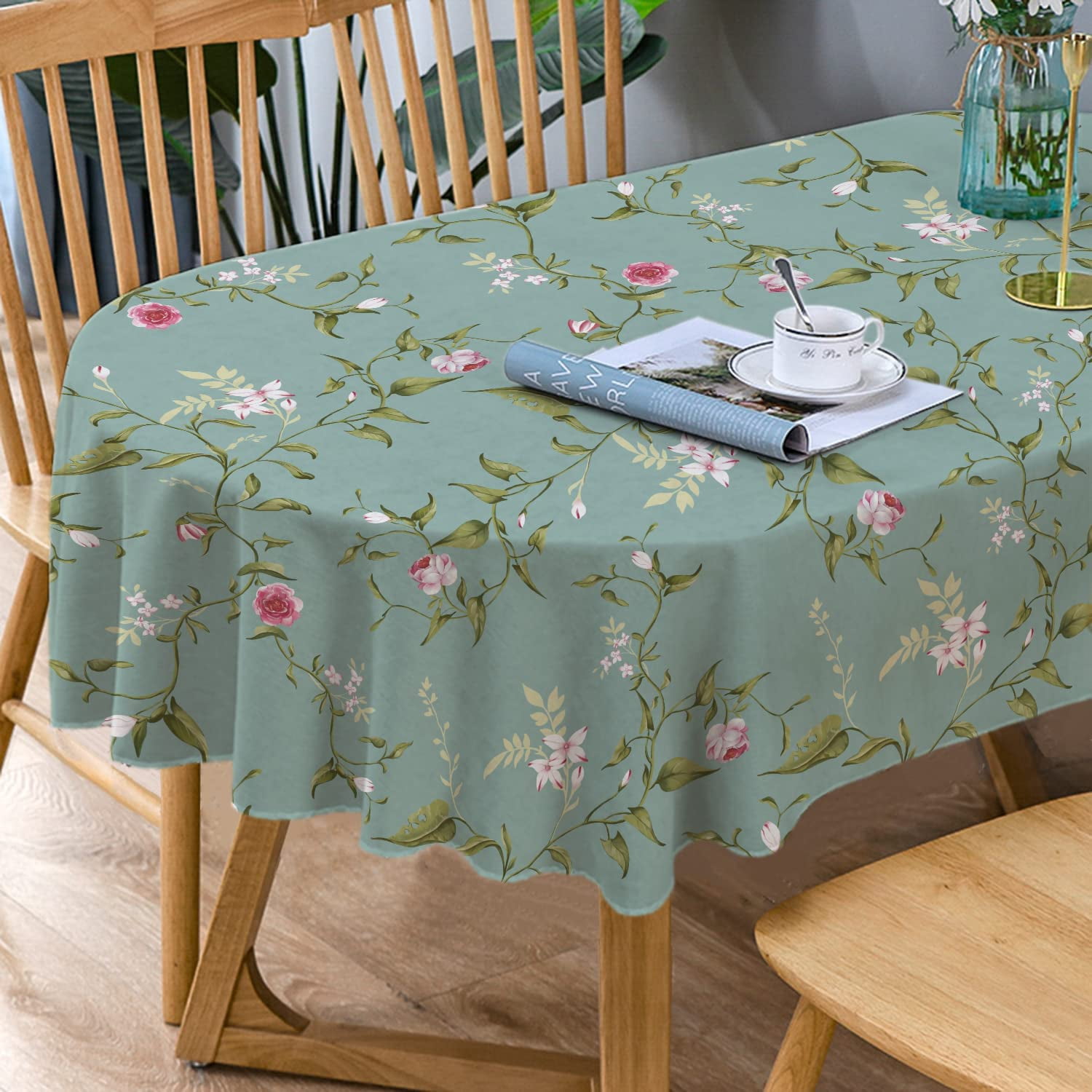 Plum Flower Oval Print Tablecloth, Spring Patterned Oval Tablecloth ...