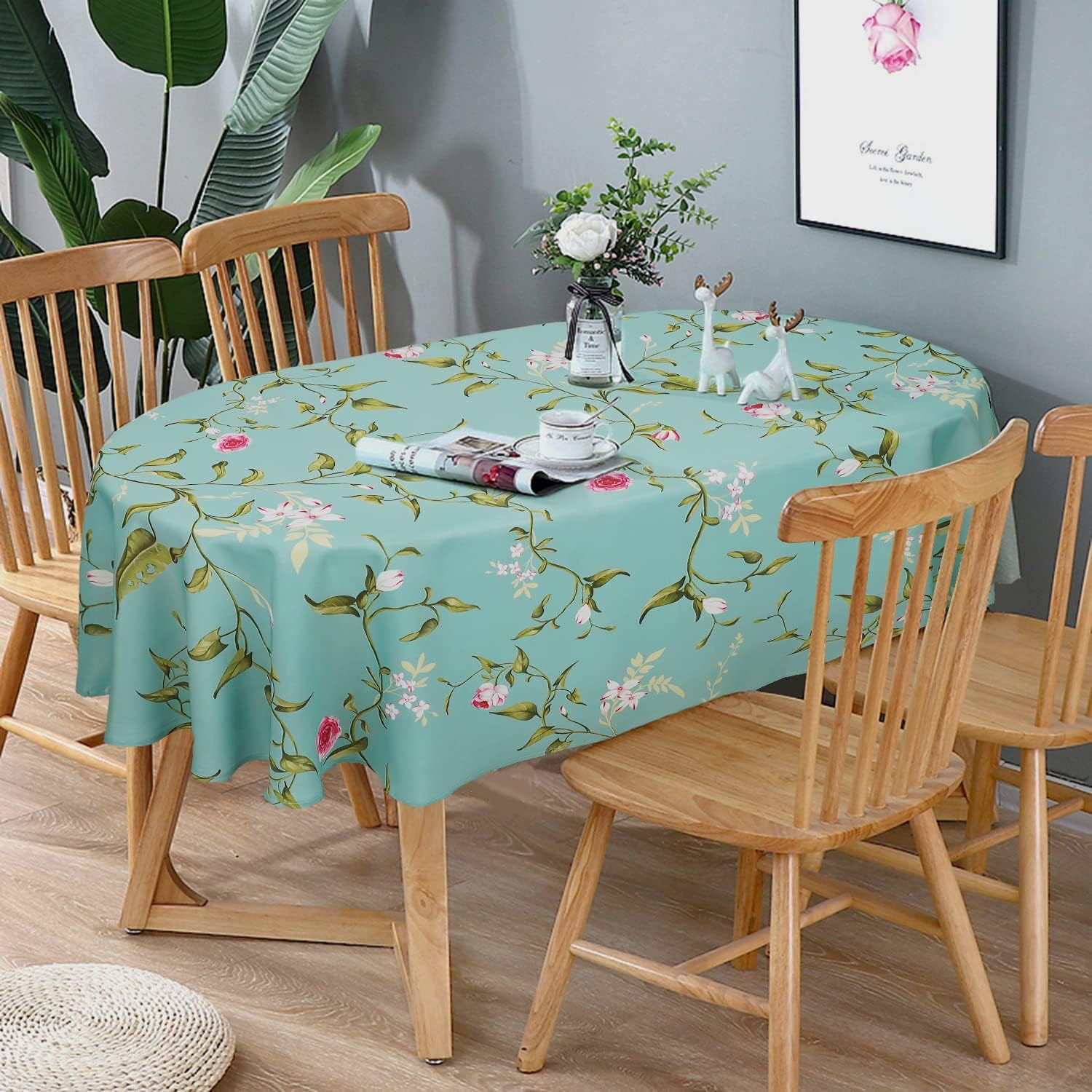 Plum Flower Oval Print Tablecloth, Spring Patterned Oval Tablecloth ...