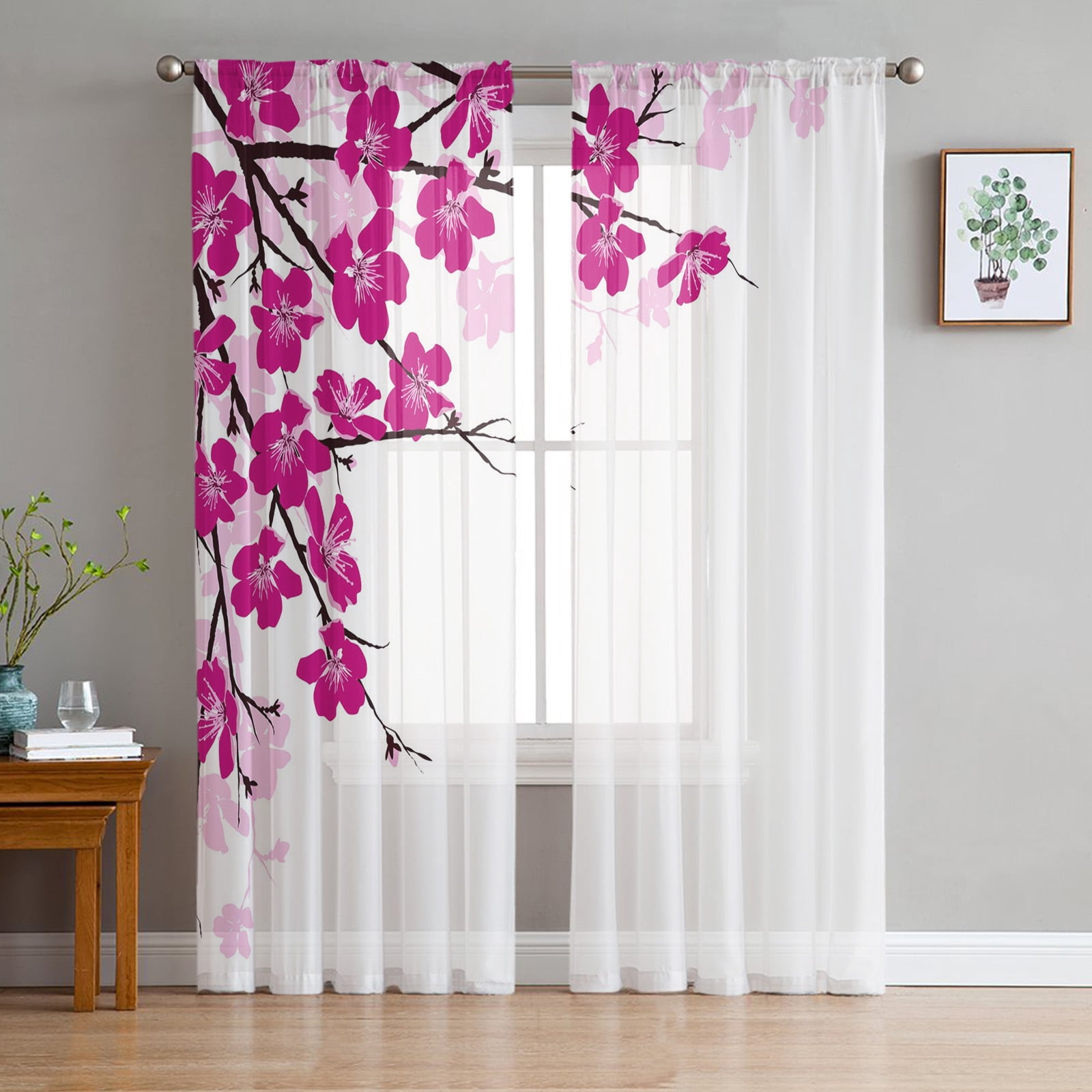 Plum Tree Branch Brown Pink Modern Tulle Curtains for Living Room ...