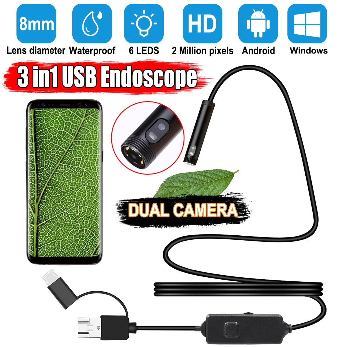 Plumbing Endoscope Two Cameras 3 in 1 Automotive Borescope 8mm Android ...