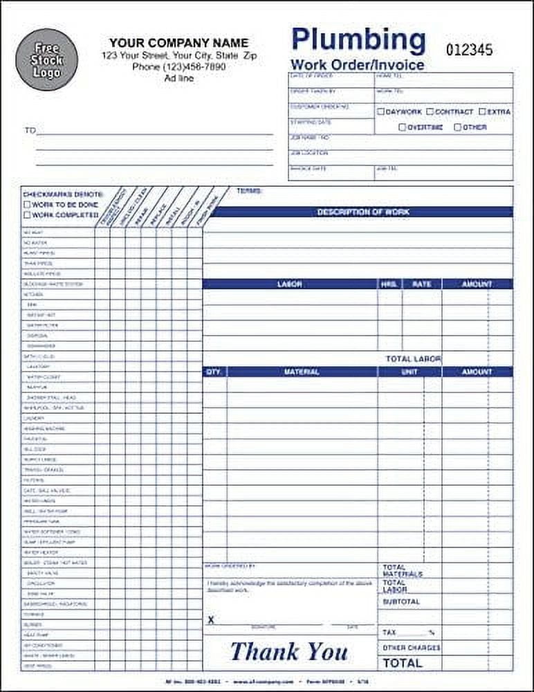 Plumbing Work Order/Invoice, 8.5"x11", 3 Copy (Triplicate ...