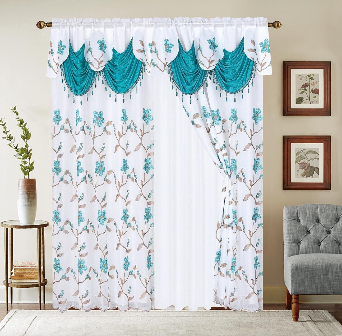 Plume D' Home Curtain Drape Set 2 Panels w/Attached Valance (Turquoise ...