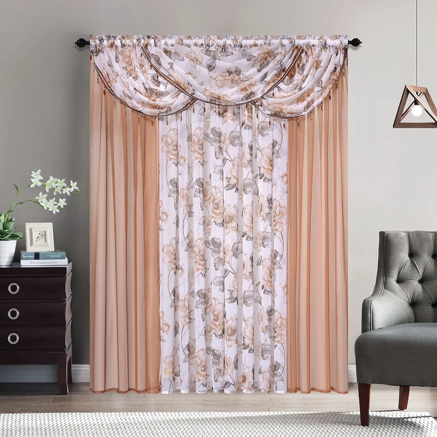 Plume D' Home Floral Curtain Panel Set with 3 Valances, Crystal Beads ...