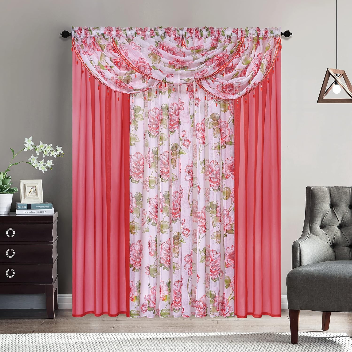 Plume D' Home Floral Curtain Panel Set with 3 Valances, Crystal Beads ...