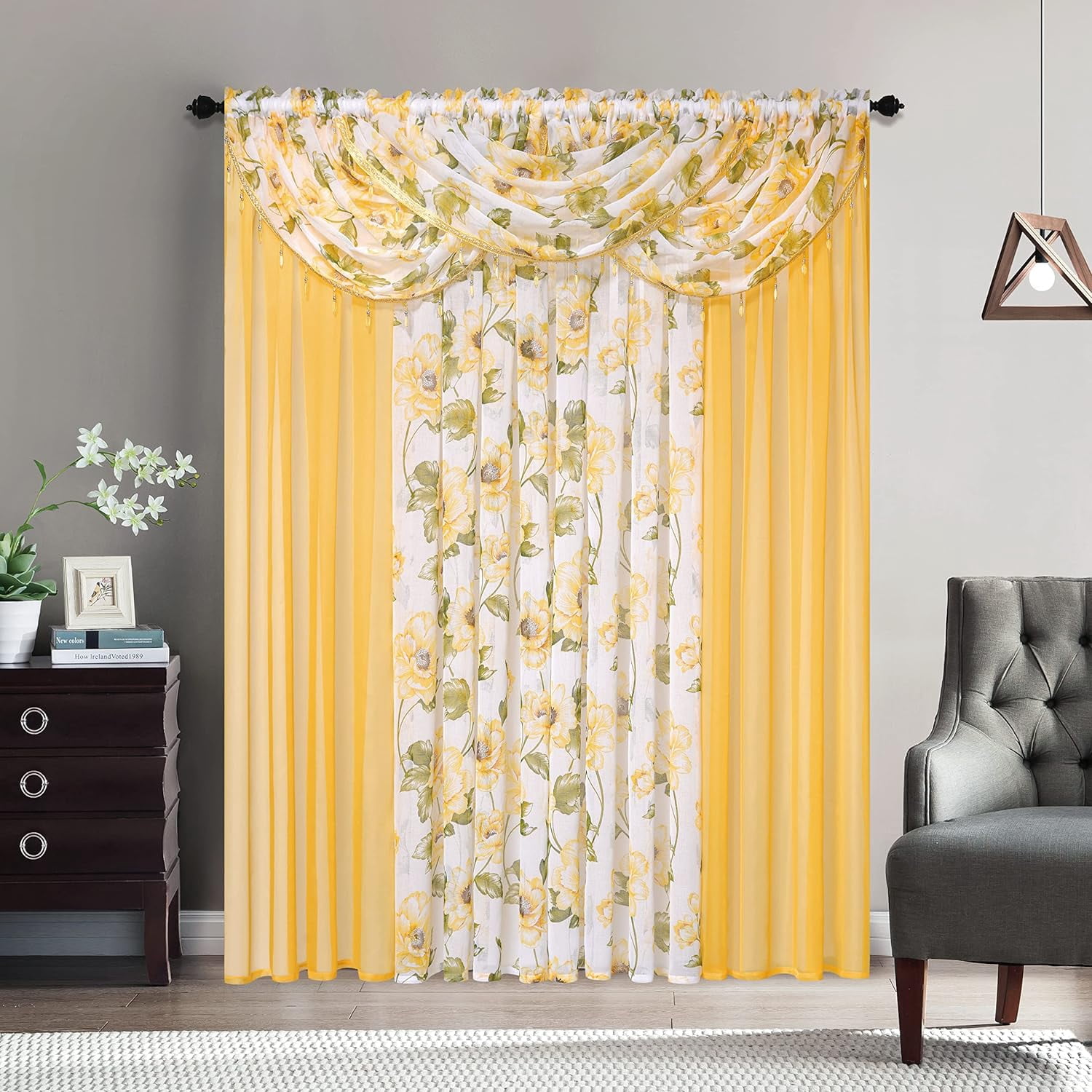 Plume D' Home Floral Curtain Panel Set with 3 Valances, Crystal Beads ...