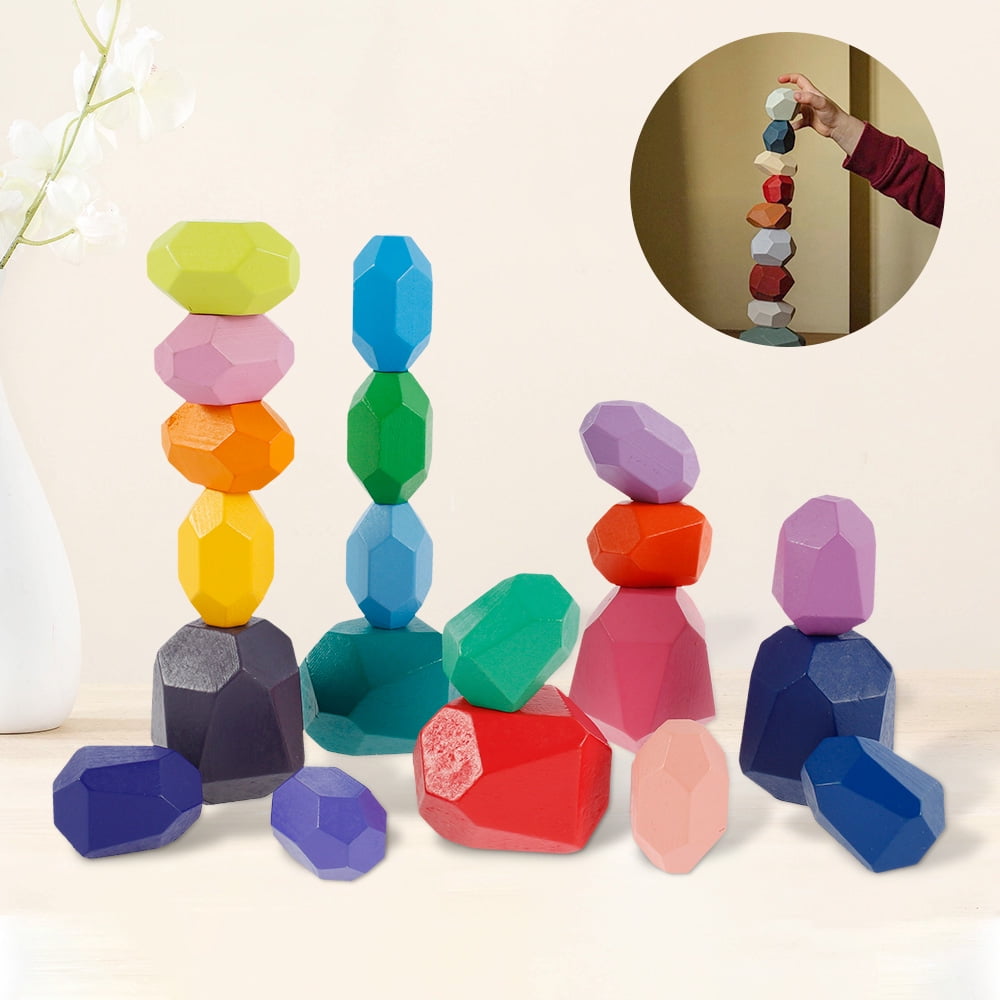 Pluokvzr 20 Pcs Wooden Stone Balancing Blocks- Colorful Wood Stone ...