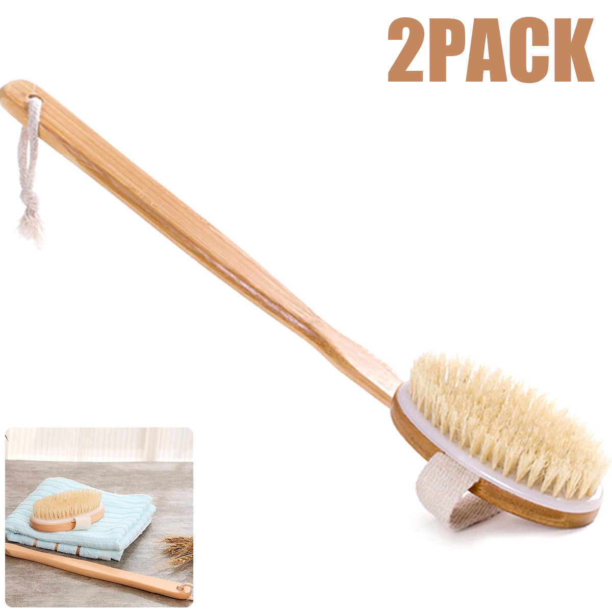 Grusce 2X Bath Brush Long Wood Handle Reach Back Body Shower Bristle ...