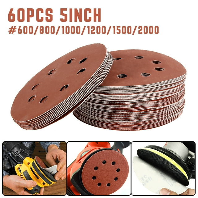 Pluokvzr 60pcs 5" Hook Loop Adhesive Sanding Discs, 600-2000 Grit ...