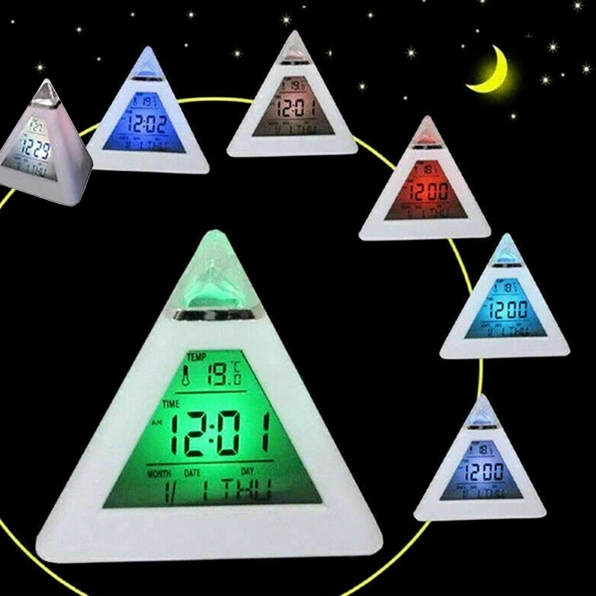 Fznkrag 7 LED Pyramid Color Changing Digital Alarm Clock Battery ...