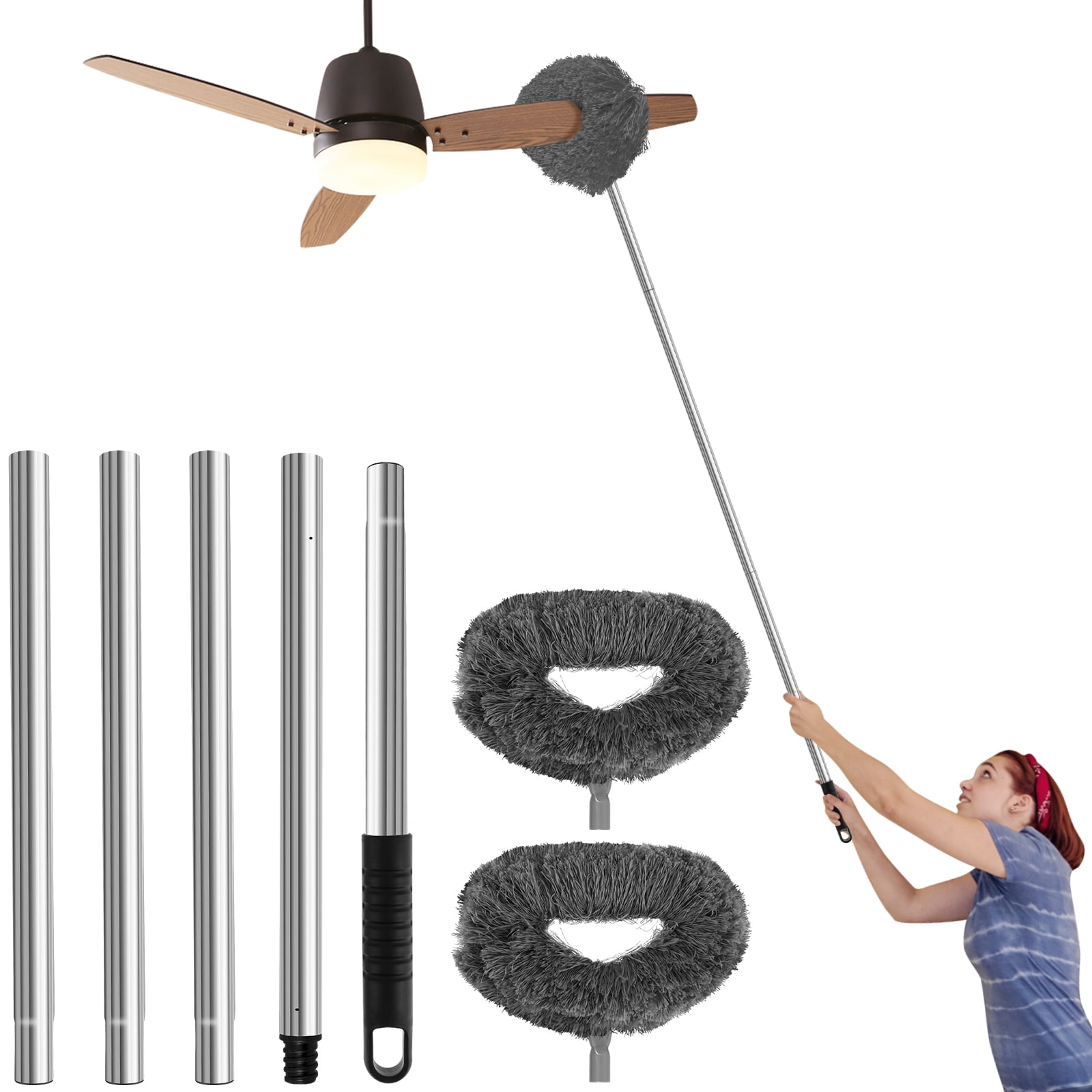 Pluokvzr Ceiling Fan Cleaner Duster with 2 Detachable Dusting Head ...