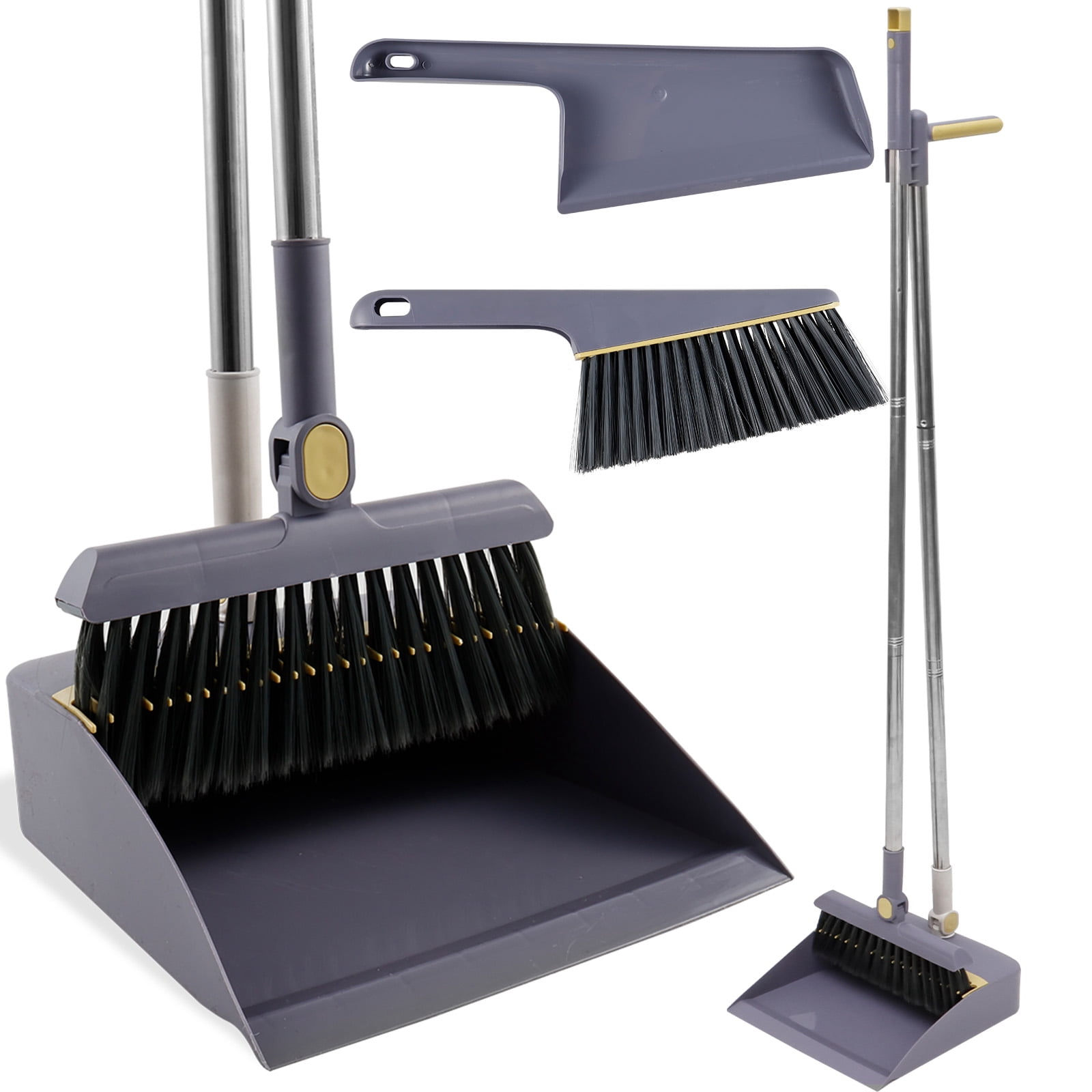 Pluokvzr Long Handle Broom and Dustpan Set, Stainless Steel Broom ...