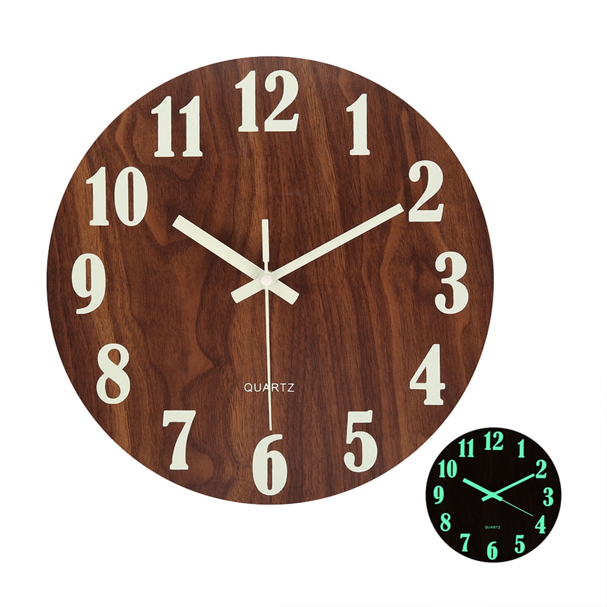 Fznkrag Luminous Wooden Wall Clock Numerals Hands Glow In Dark Operated ...