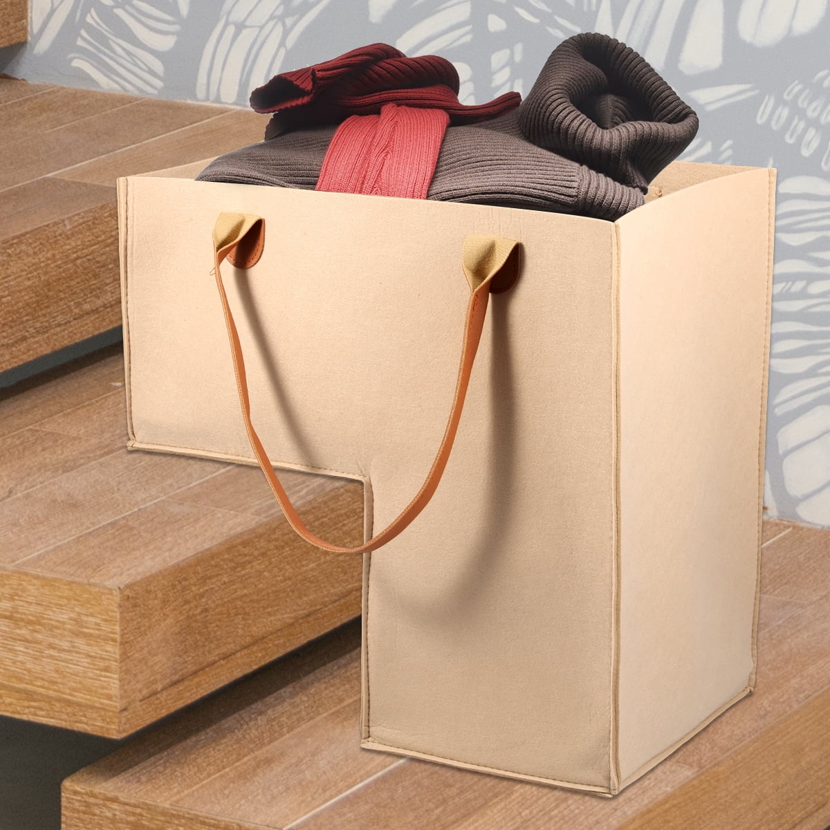 Pluokvzr Stair Basket with Leather Handles Felt L-Shape Large Capacity ...