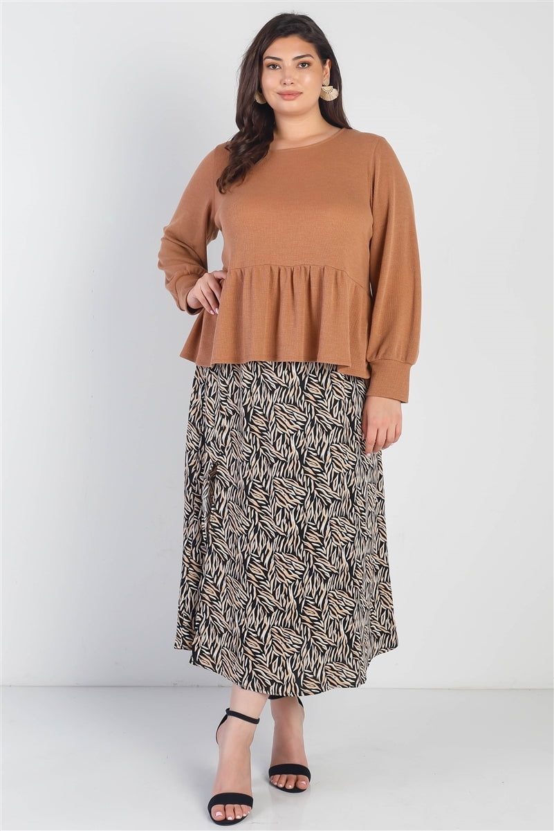 Plus Caramel Waffle Knit Back Button Detail Long Sleeve Top - Walmart.com