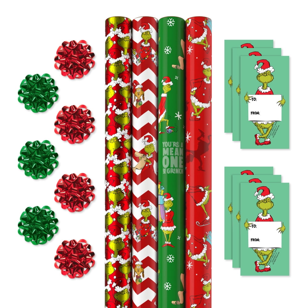 Plus Mark 30 in. Metallic Grinch Christmas Wrapping Paper Ensemble ...