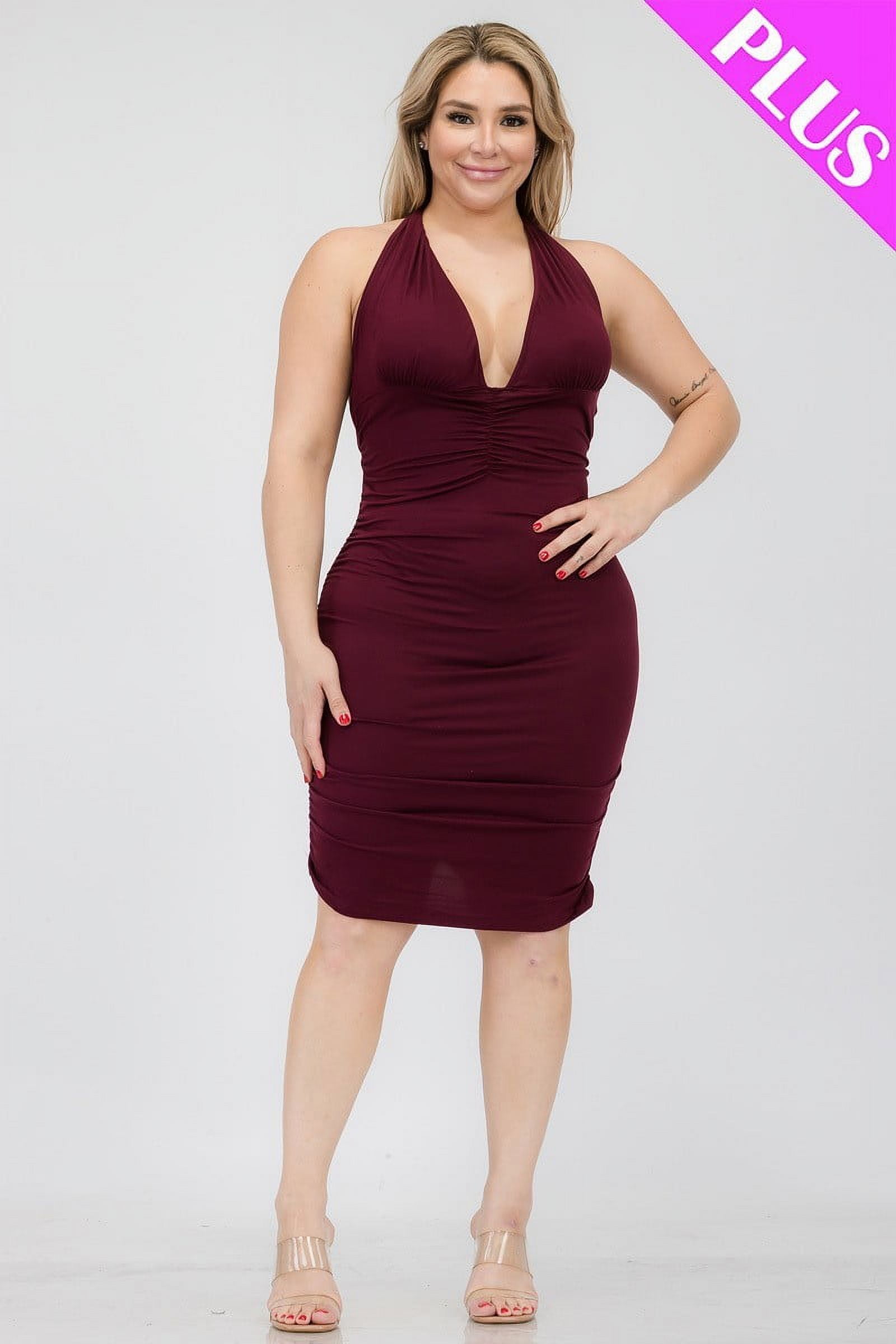 Plus Plunging Neck Crisscross Back Ruched Bodycon Mini Dress - Walmart.com