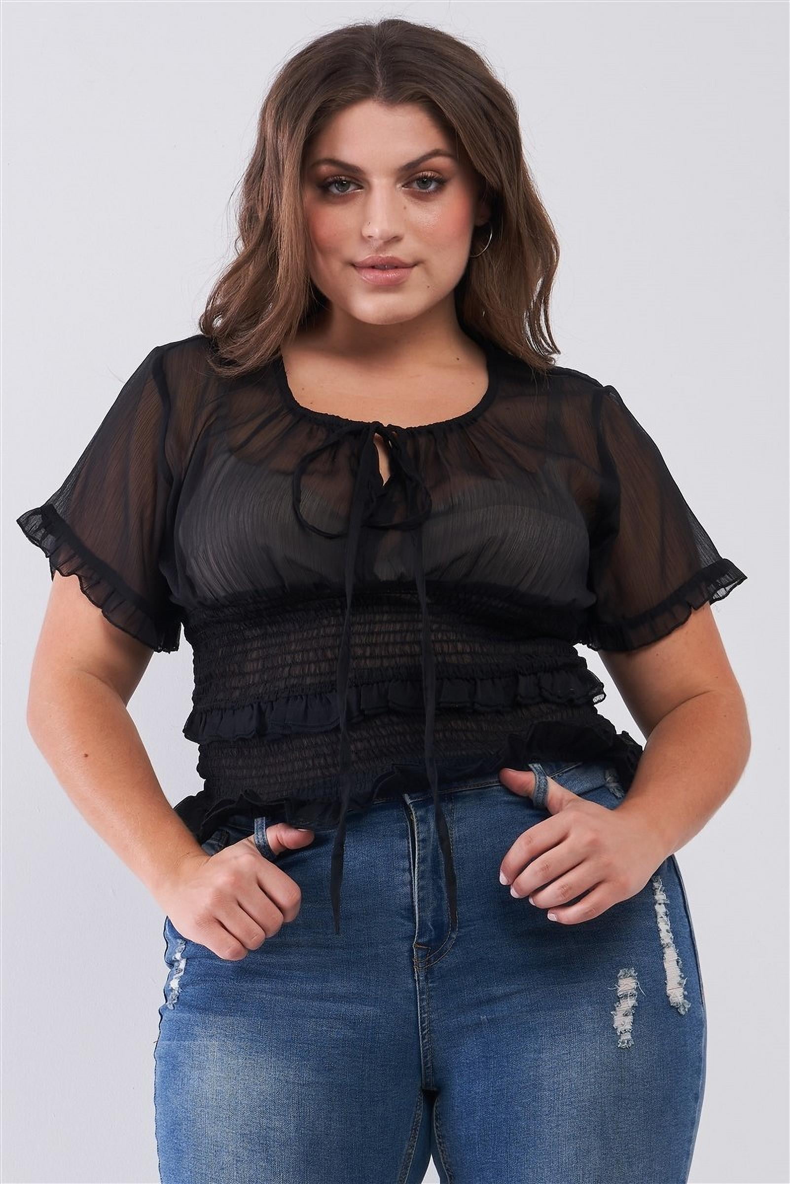 Plus Short Sleeve U-neck With Self-tie Detail Frill Smocked Sheer Top ...